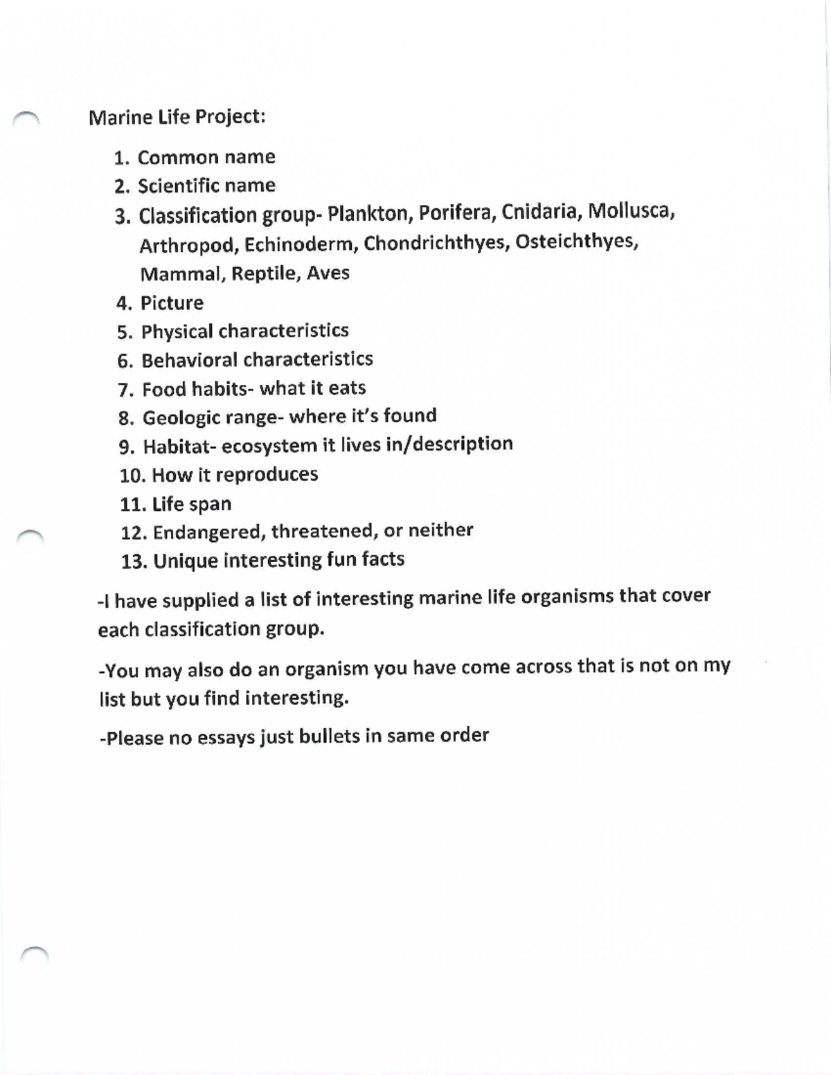 Marine Life Project - SCILIVSY 20 - Studocu