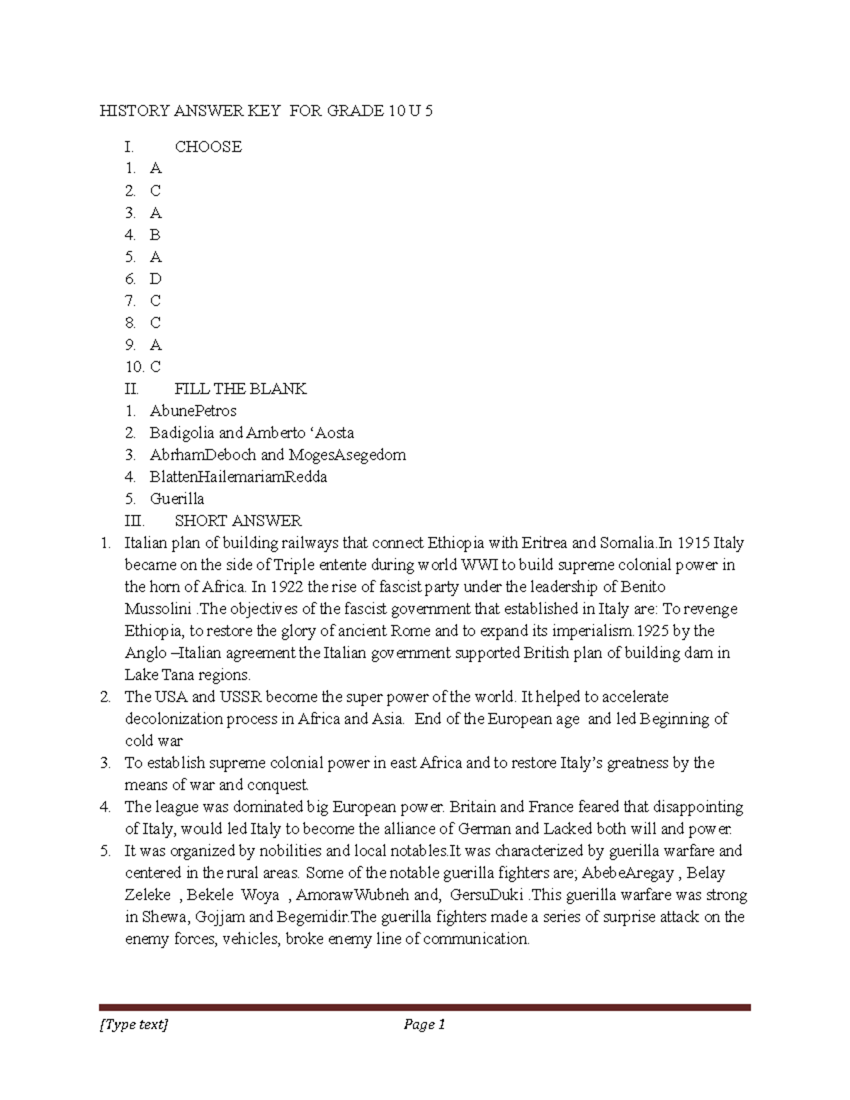 4 5877635166590994229 - HISTORY ANSWER KEY FOR GRADE 10 U 5 I. CHOOSE 1 ...