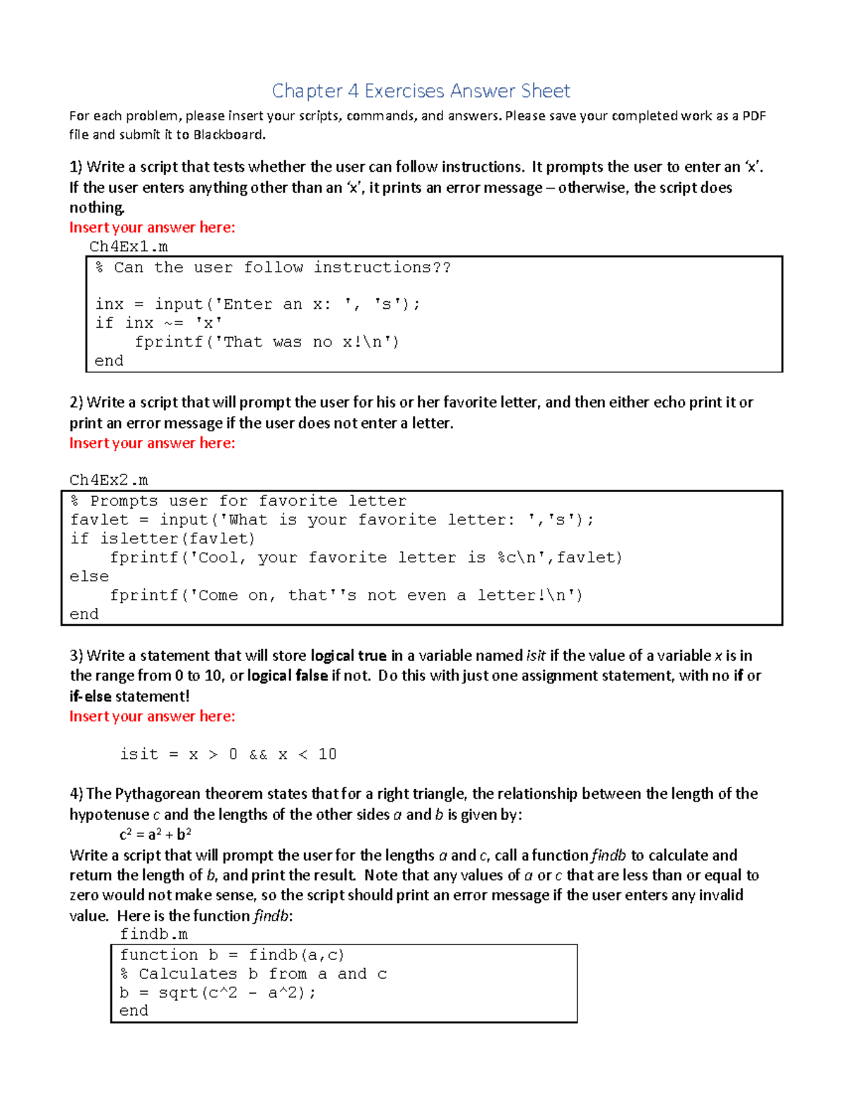Chapter 4 Exercises Answer Sheet Chapter 4 Exercises Answer Sheet For