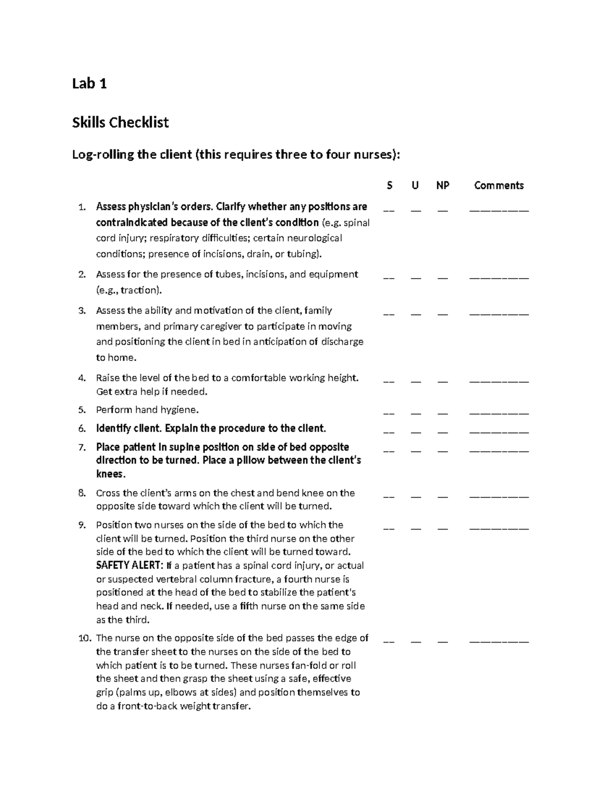Log Roll - change position for immobility with log roll - Lab 1 Skills ...