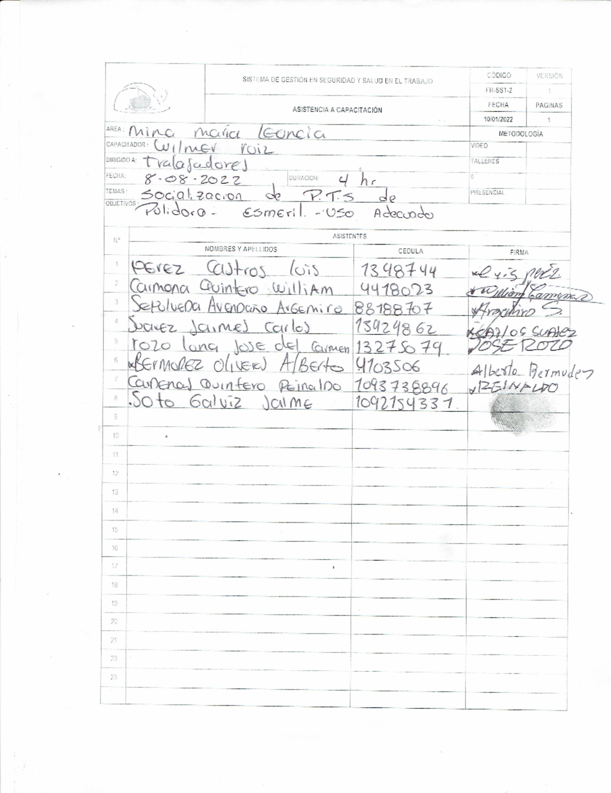 2022010 02190555 9232 0002 - TRABAJO C”DIGO VERSI”N PR-SST-24 01 PTS PULIDORA FECHA P¡GINA - Studocu