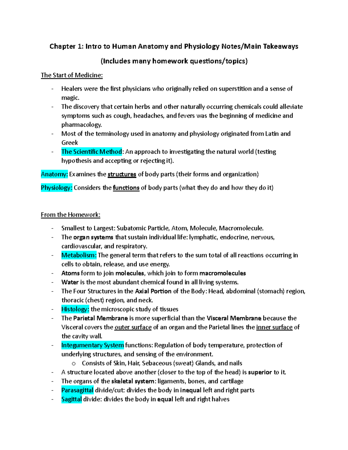 APHY 101 Chapter 1 HW and Notes - Chapter 1: Intro to Human Anatomy and ...