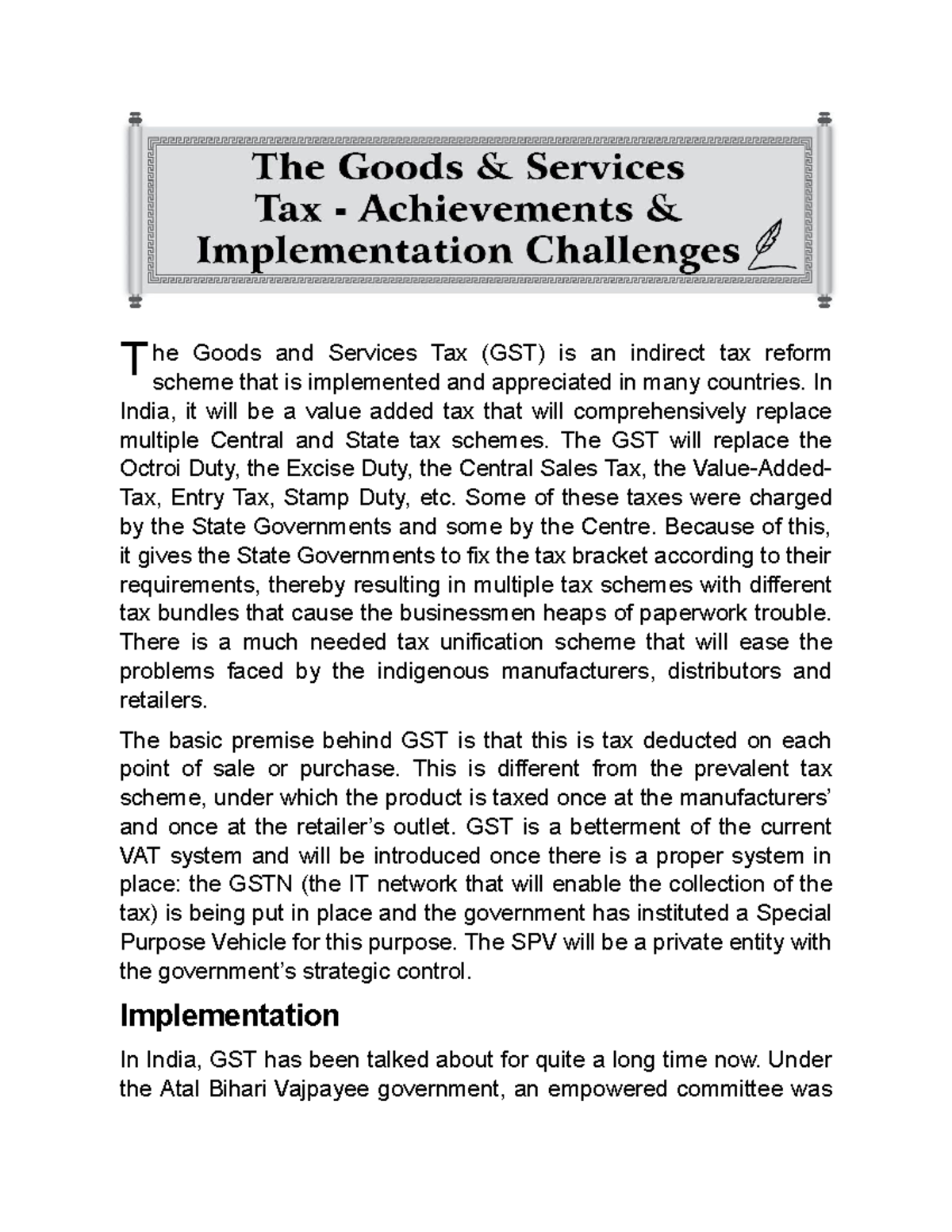Essay The GST , Achivement and implementation challenges - The Goods ...