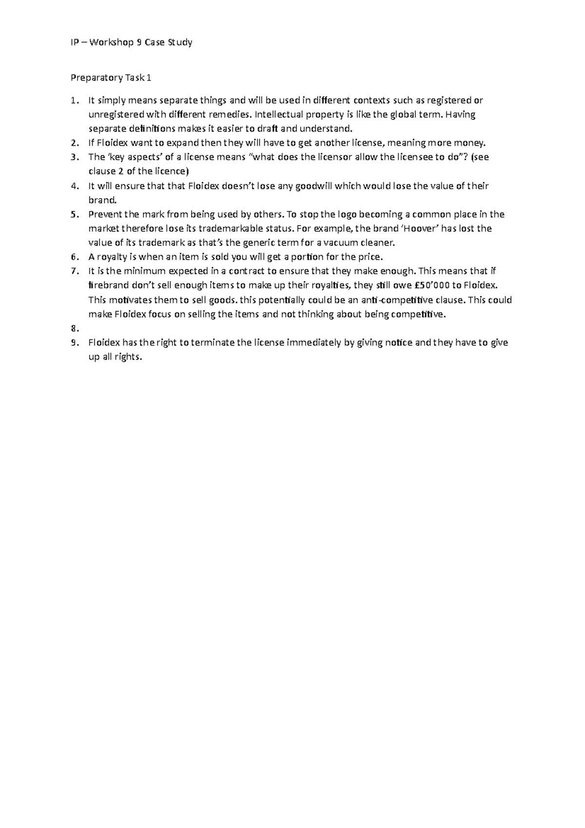 IP WS9 Notes - IP – Workshop 9 Case Study Preparatory Task 1 It simply ...