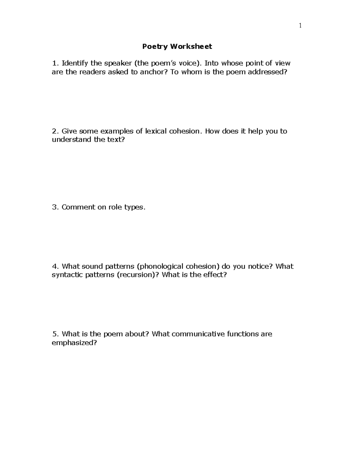 Poetry Worksheet s13 - Syllabus - Poetry Worksheet Identify the speaker ...