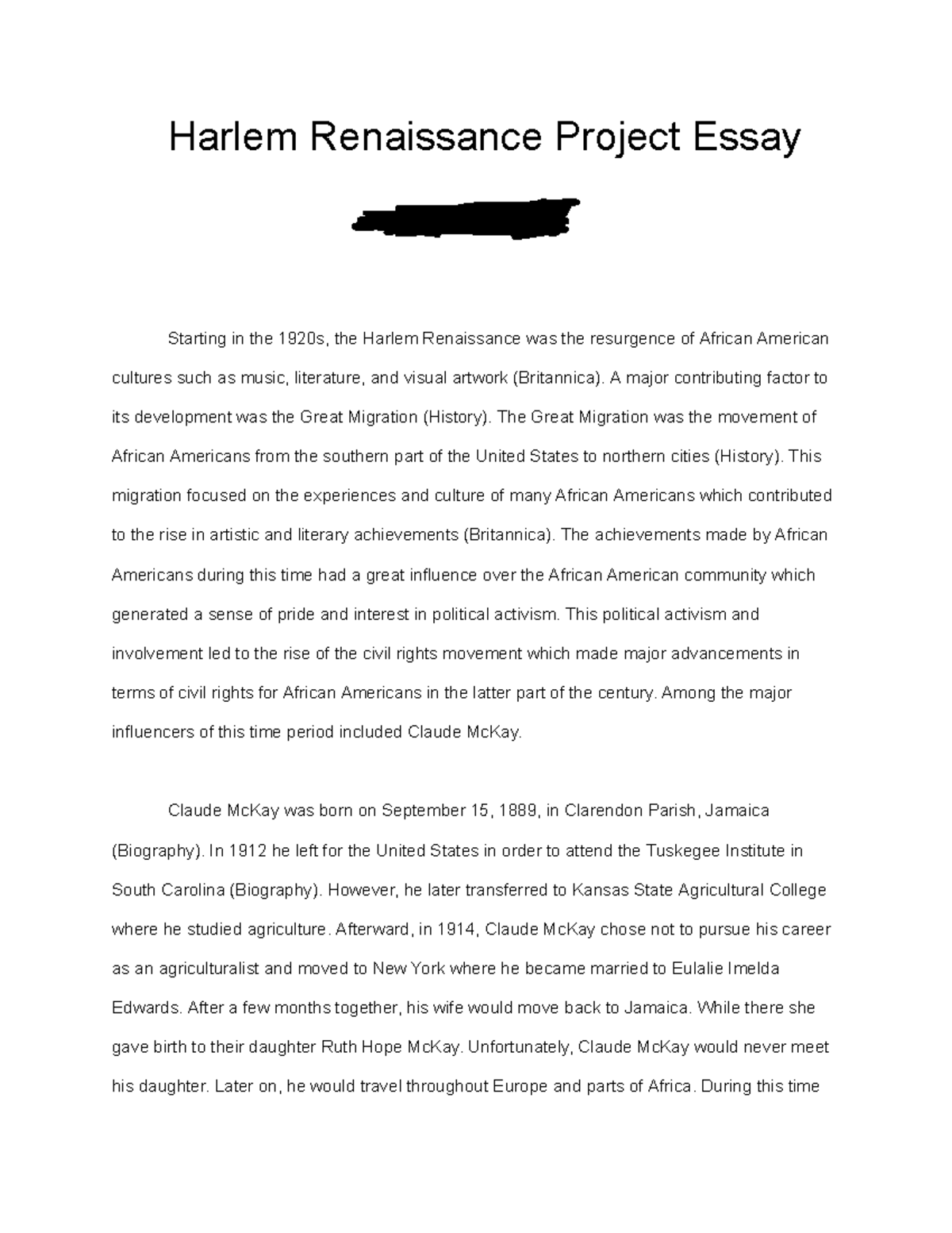 Harlem Renaissance Project Essay - Google Docs - Harlem Renaissance ...
