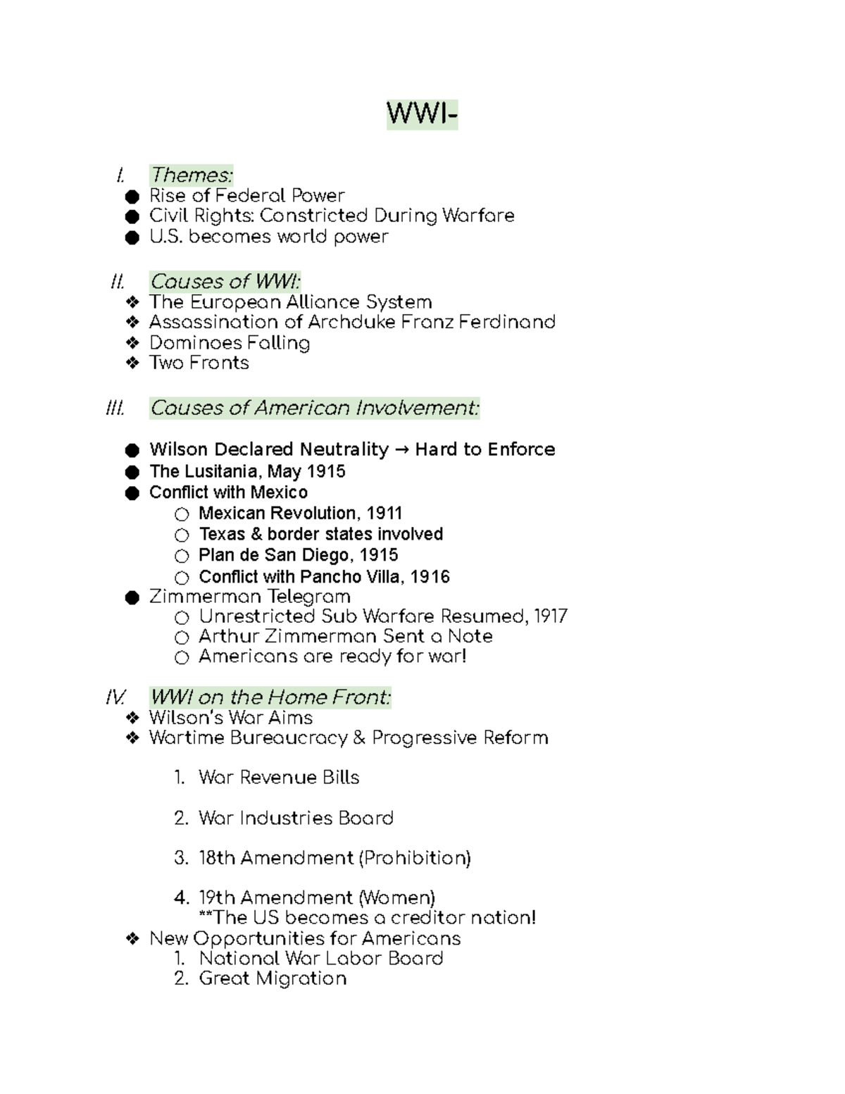 WWI - Summary - WWI- I. Themes: Rise of Federal Power Civil Rights ...