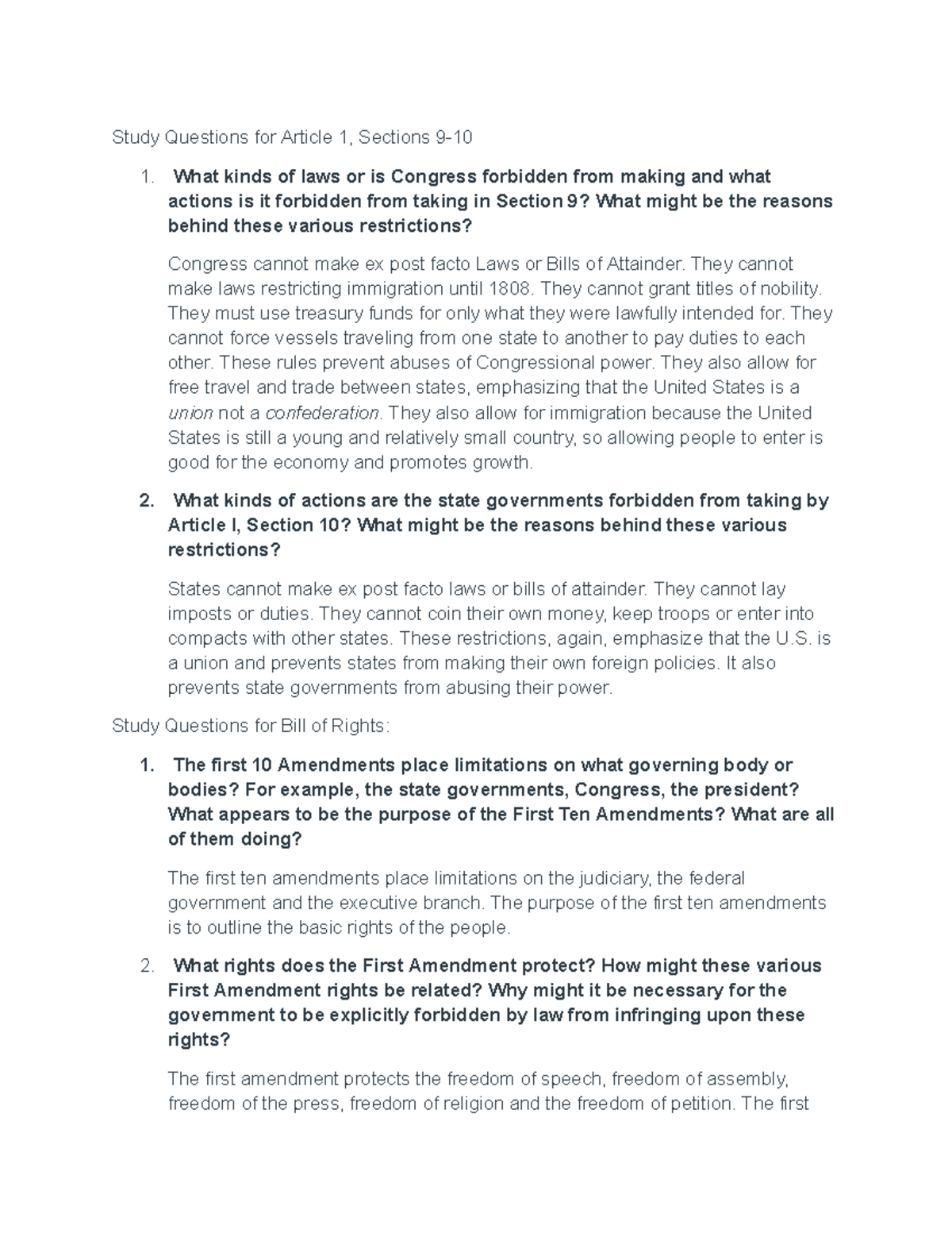 Class Reading 10/3 - Study Questions for Article 1, Sections 9- 1. What ...