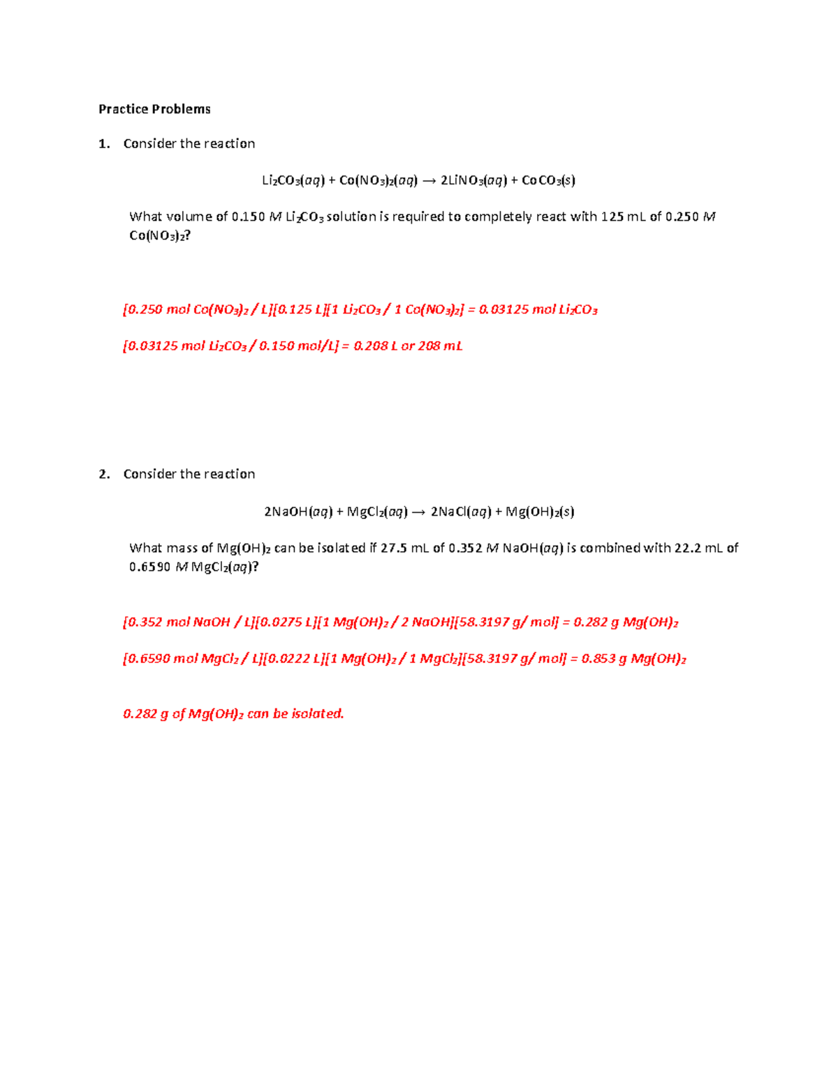 Week 6 Solutions - chem - Practice Problems Consider the reaction Li 2 ...