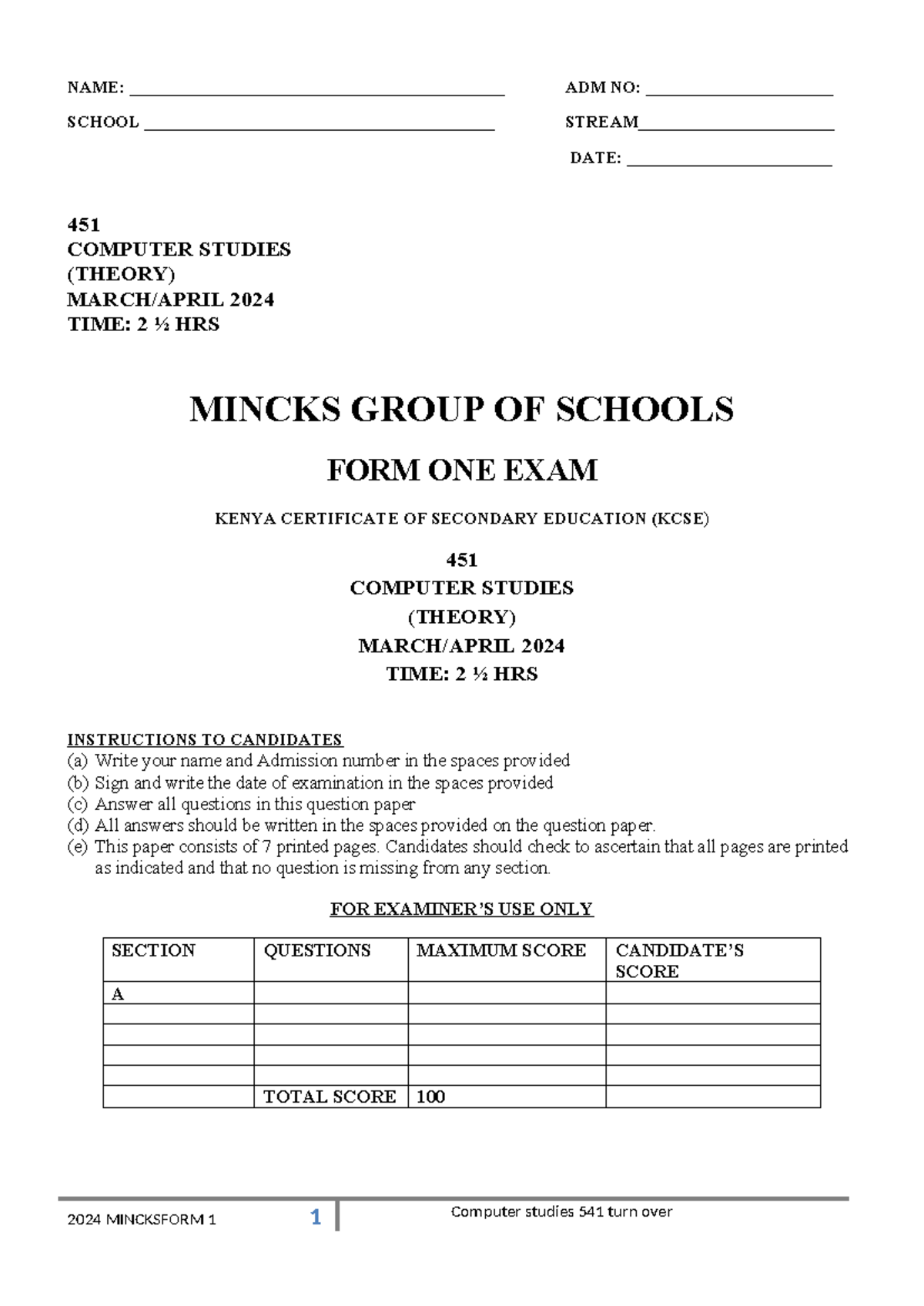 Computer Studies Mincks FORM ONE TERM 1 Questions AND Marking Scheme ...
