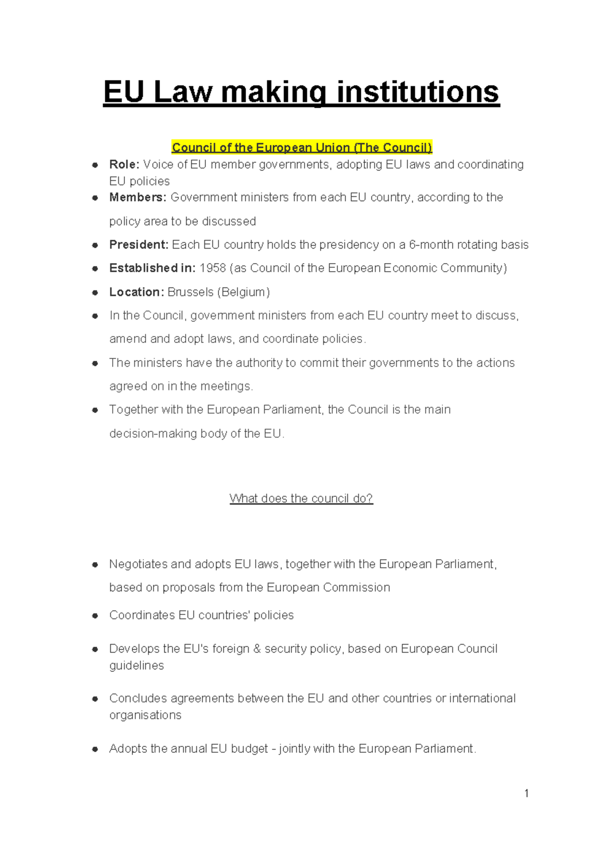 EU Law making institutions LLB - EU Law making institutions Council of ...