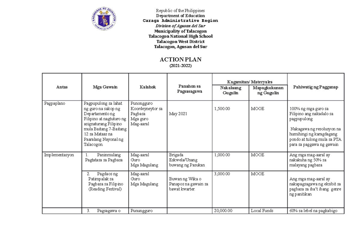 Action Plan on filipino - Republic of the Philippines Department of ...