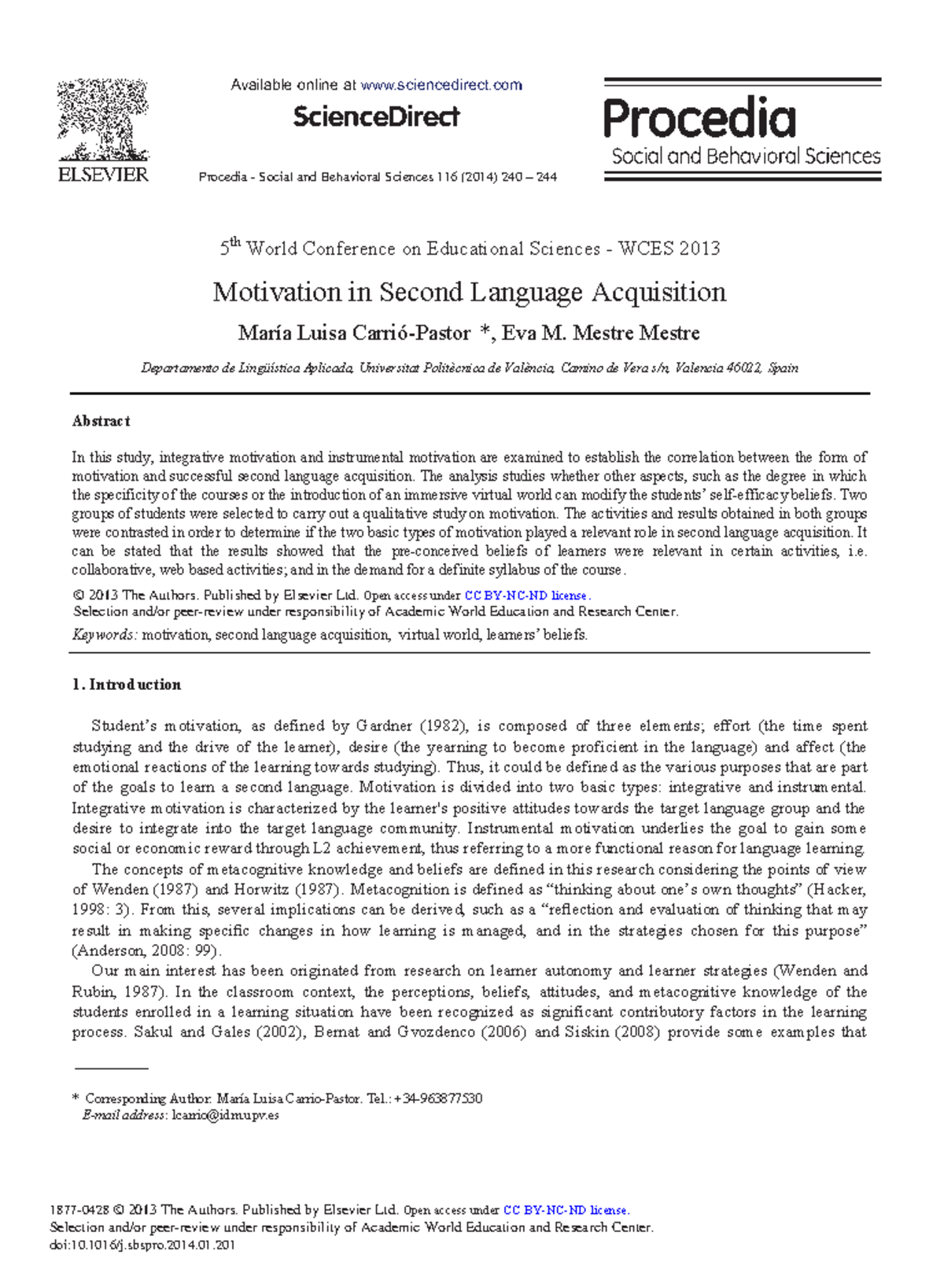 Motivation Second Language Acquisition RRL - Procedia - Social and ...