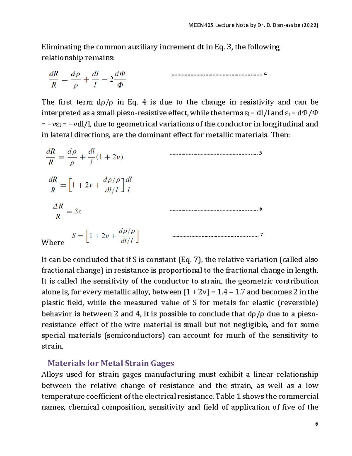 MEEN405. Exp Stress Analysis. Strain gauges Lecture 2 - MEEN405 Lecture Note by Dr. B. Dan-asabe ...