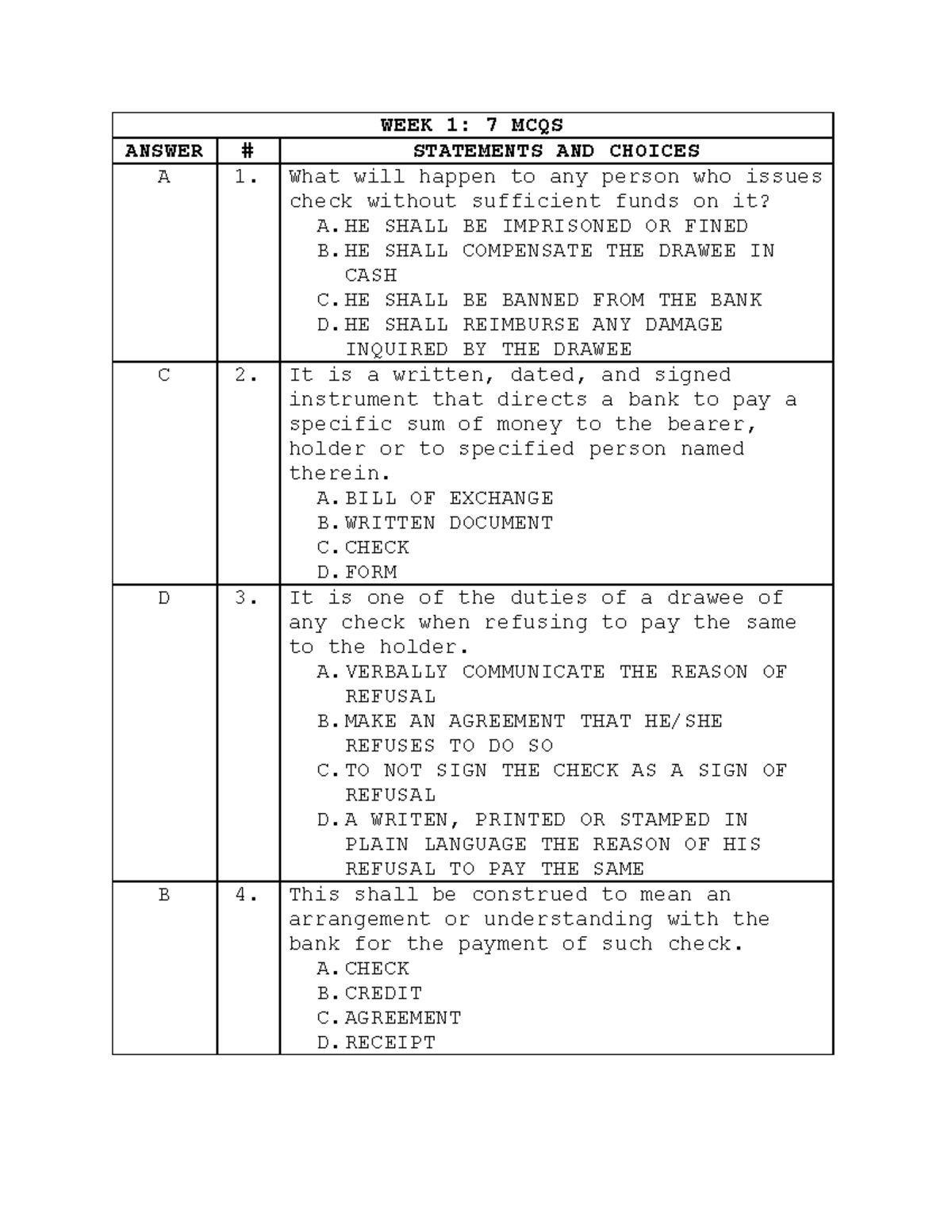 WEEK 1 Bsslaw 4 - WEEK 1: 7 MCQS ANSWER # STATEMENTS AND CHOICES A 1 ...