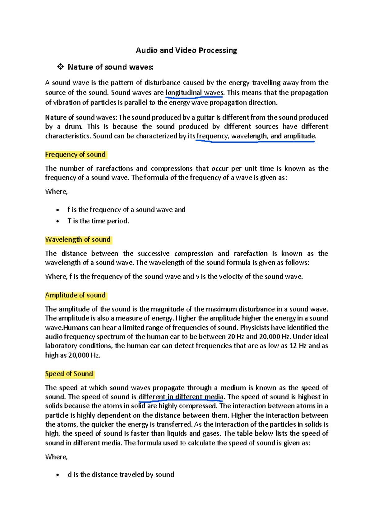 MT Notes - Audio and Video Processing Nature of sound waves: A sound ...
