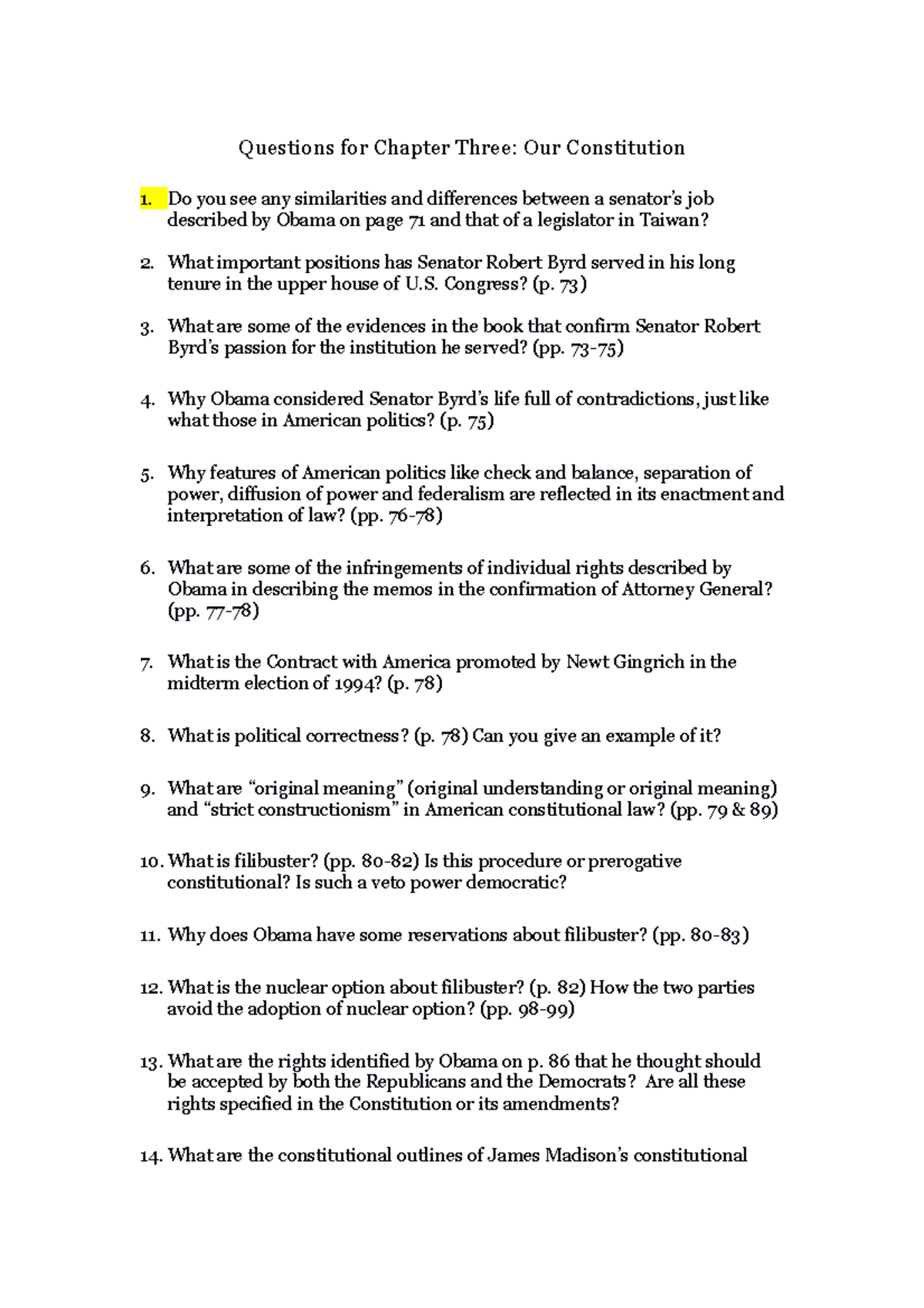 Questions for Our Constitution - Questions for Chapter Three: Our ...