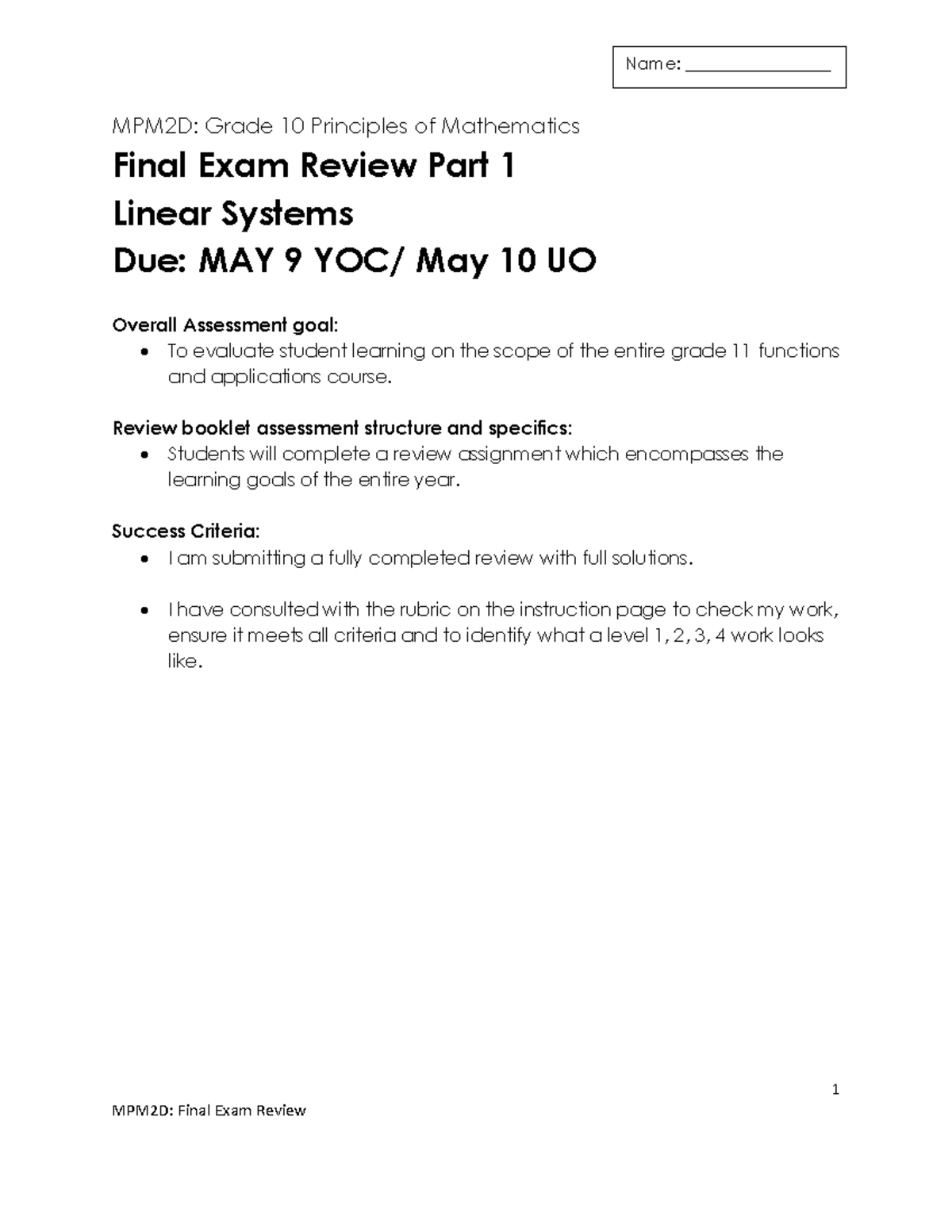 Grade 10 Exam Review Part 1(2023-24) - 1 MPM2D: Grade 10 Principles of ...