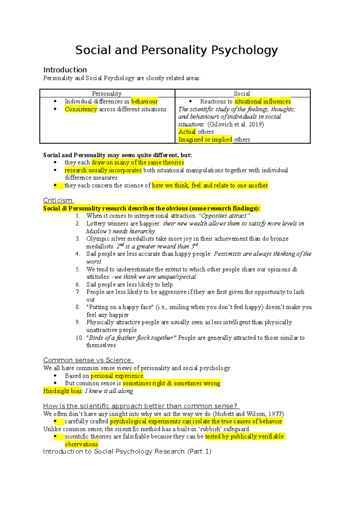 Social and Personality Psychology Lecture Notes - Social and ...