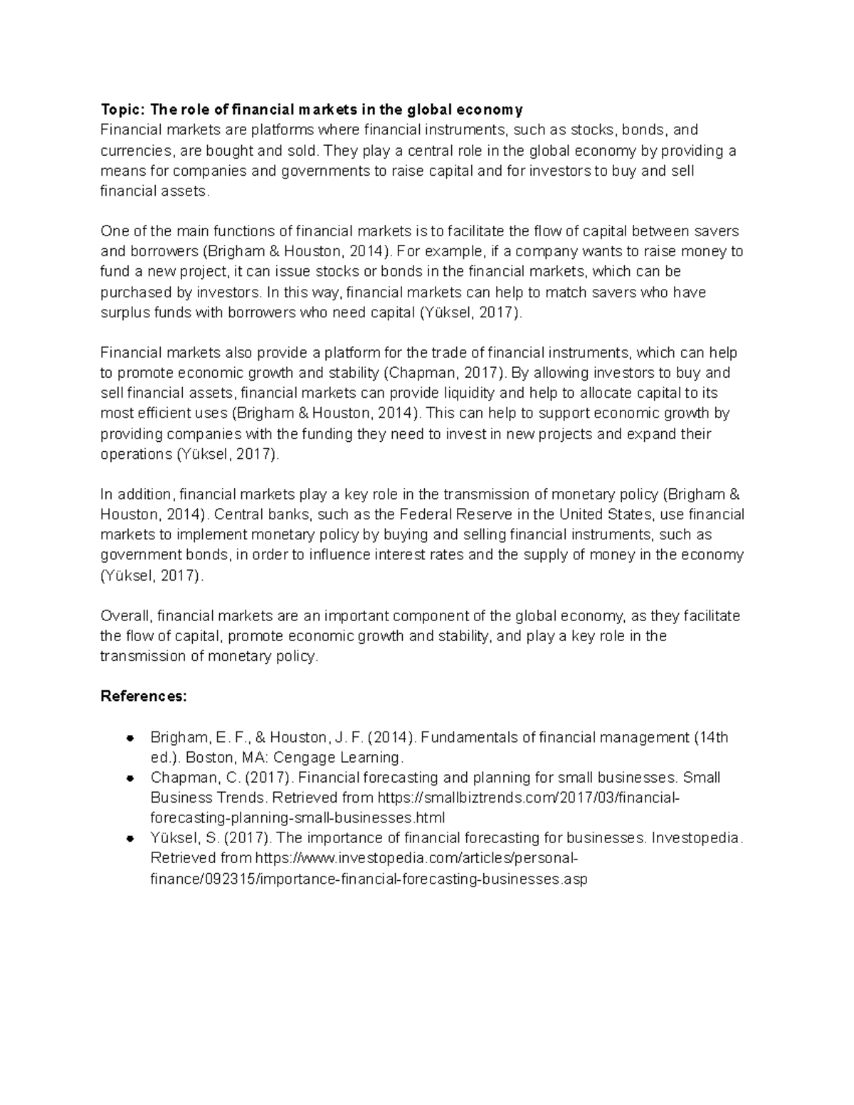 Role Of Global Financial Markets