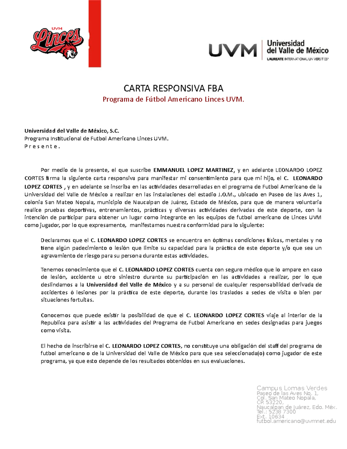Carta Responsiva FBA - mas facil - CARTA RESPONSIVA FBA Programa de Fútbol Americano Linces UVM ...