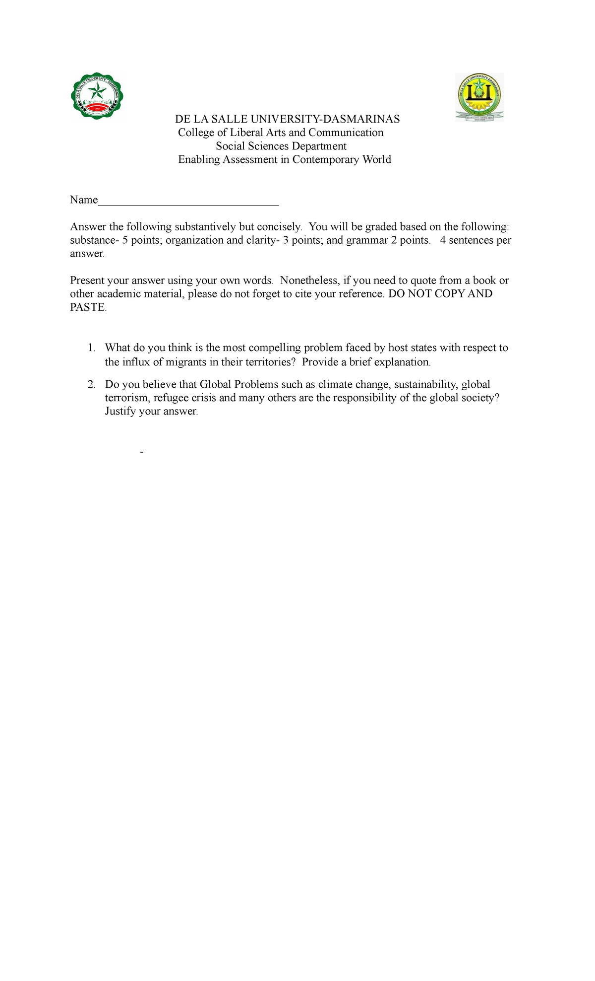 Enabling Assessment Global Migration and Global Citizenship(5) - DE LA ...