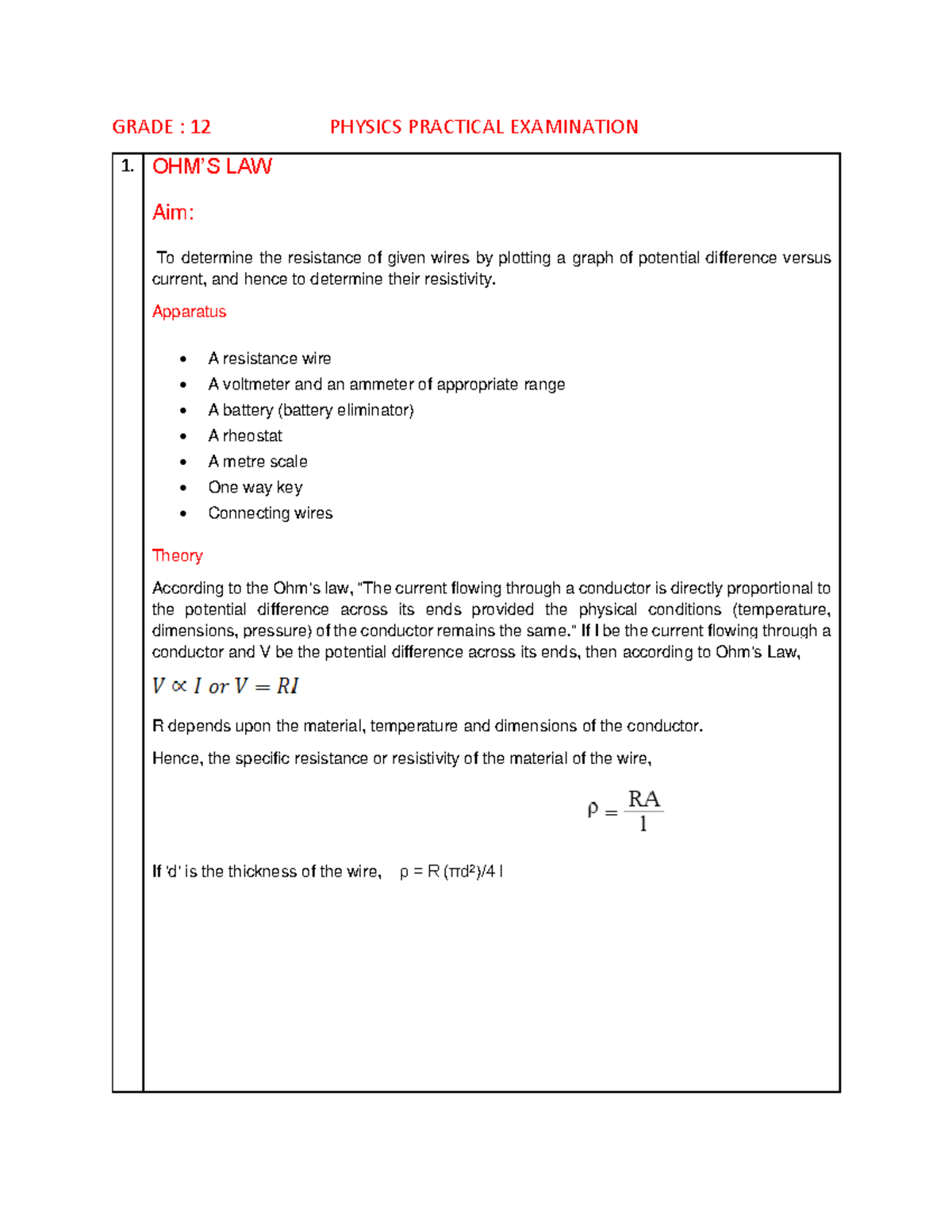 Phys Prac GRADE 12 PHYSICS PRACTICAL EXAMINATION 1 OHM S LAW Aim