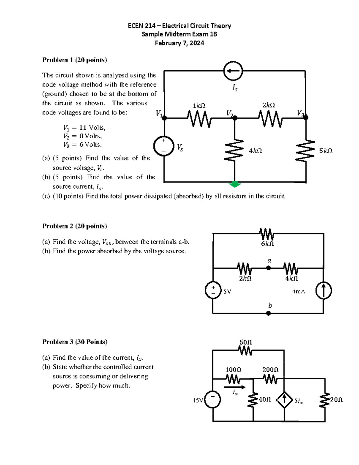 Sample Exam 1B - ECEN 214 – Electrical Circuit Theory Sample Midterm ...