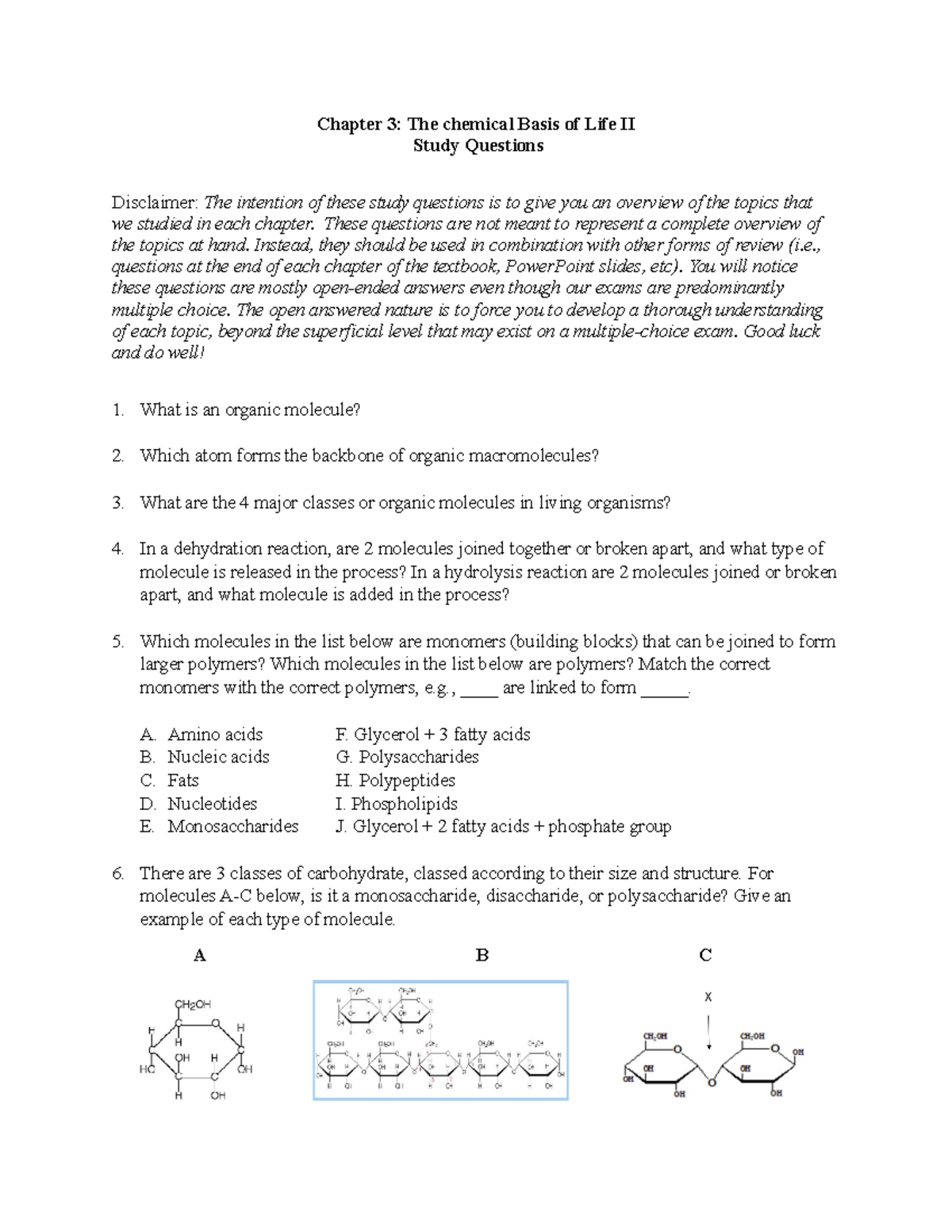 Chapter 3- The Chemical Basis of Life II- Study Questions - Chapter 3 ...