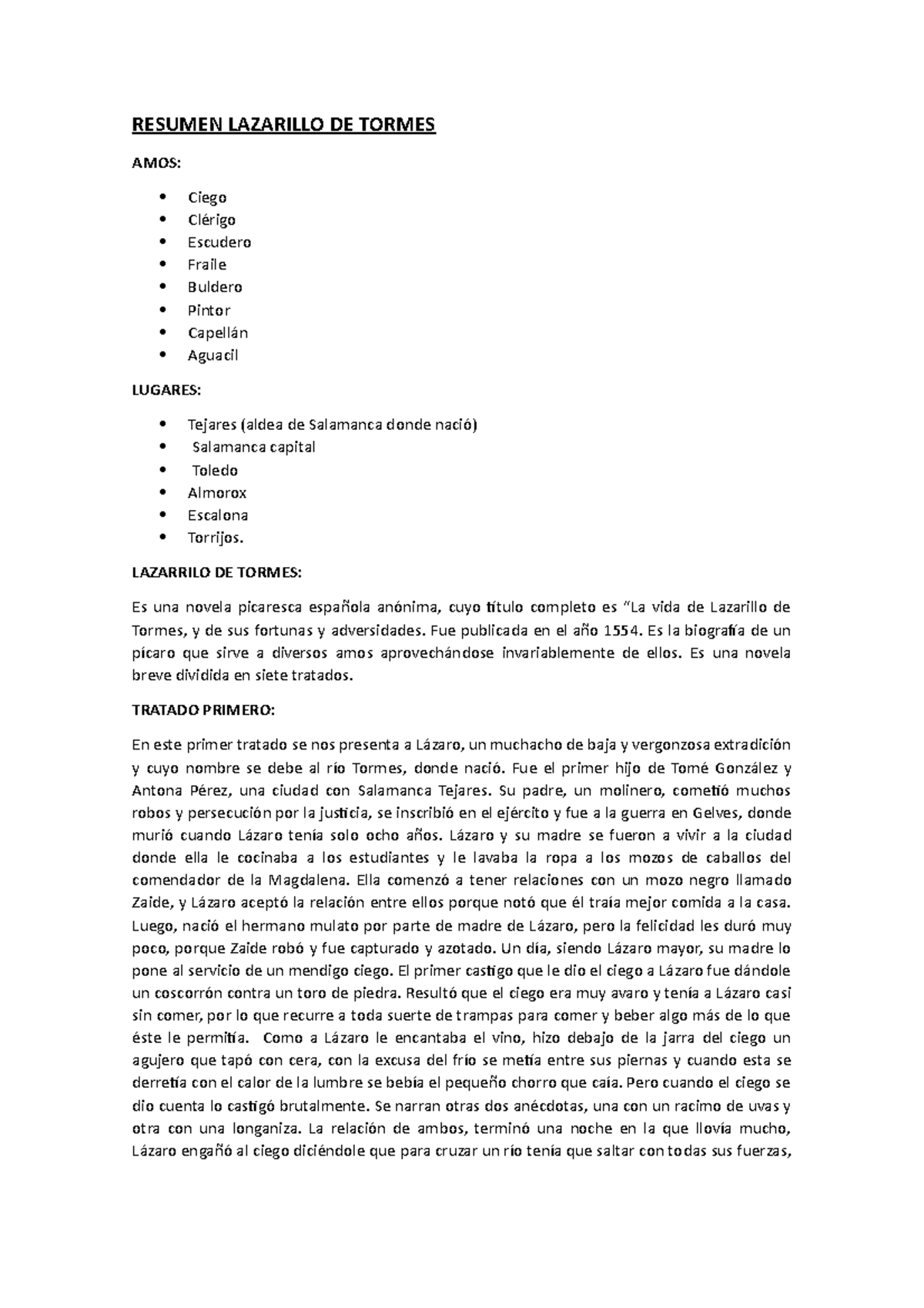 Resumen Lazarillo de tormes - RESUMEN LAZARILLO DE TORMES AMOS: Ciego ...