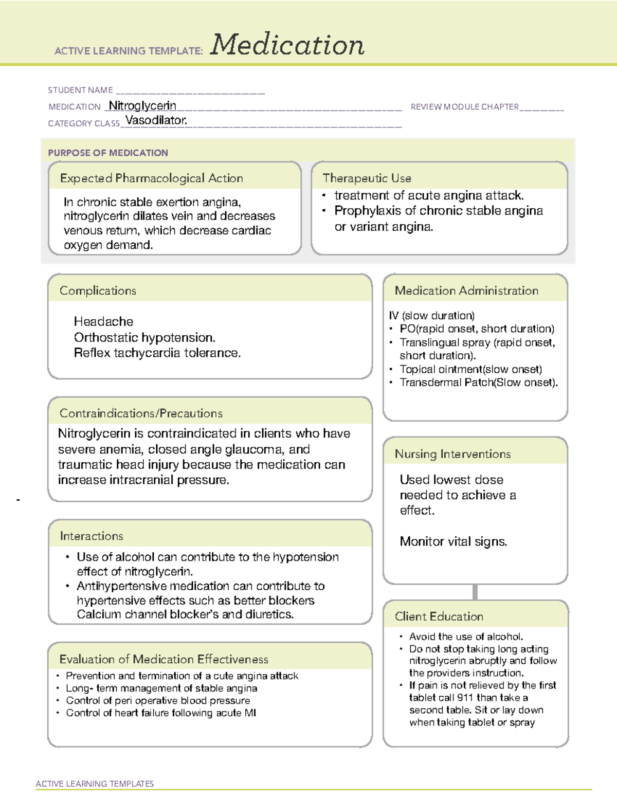 Medication Nitroglycerin week 6 skills clinical - ACTIVE LEARNING ...