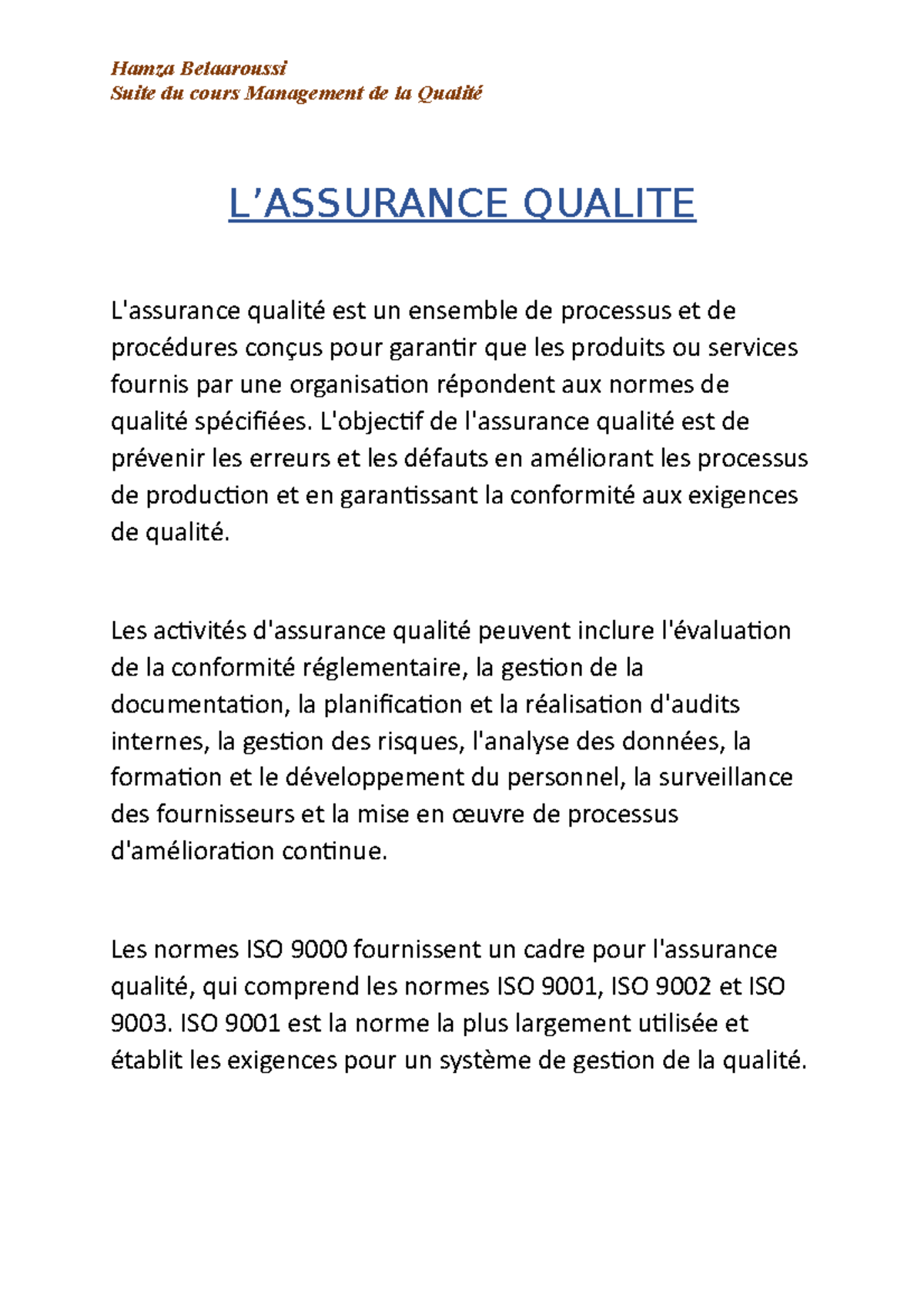 Asuurance qualité - Notes sur L'assurance quaité - Hamza Belaaroussi ...