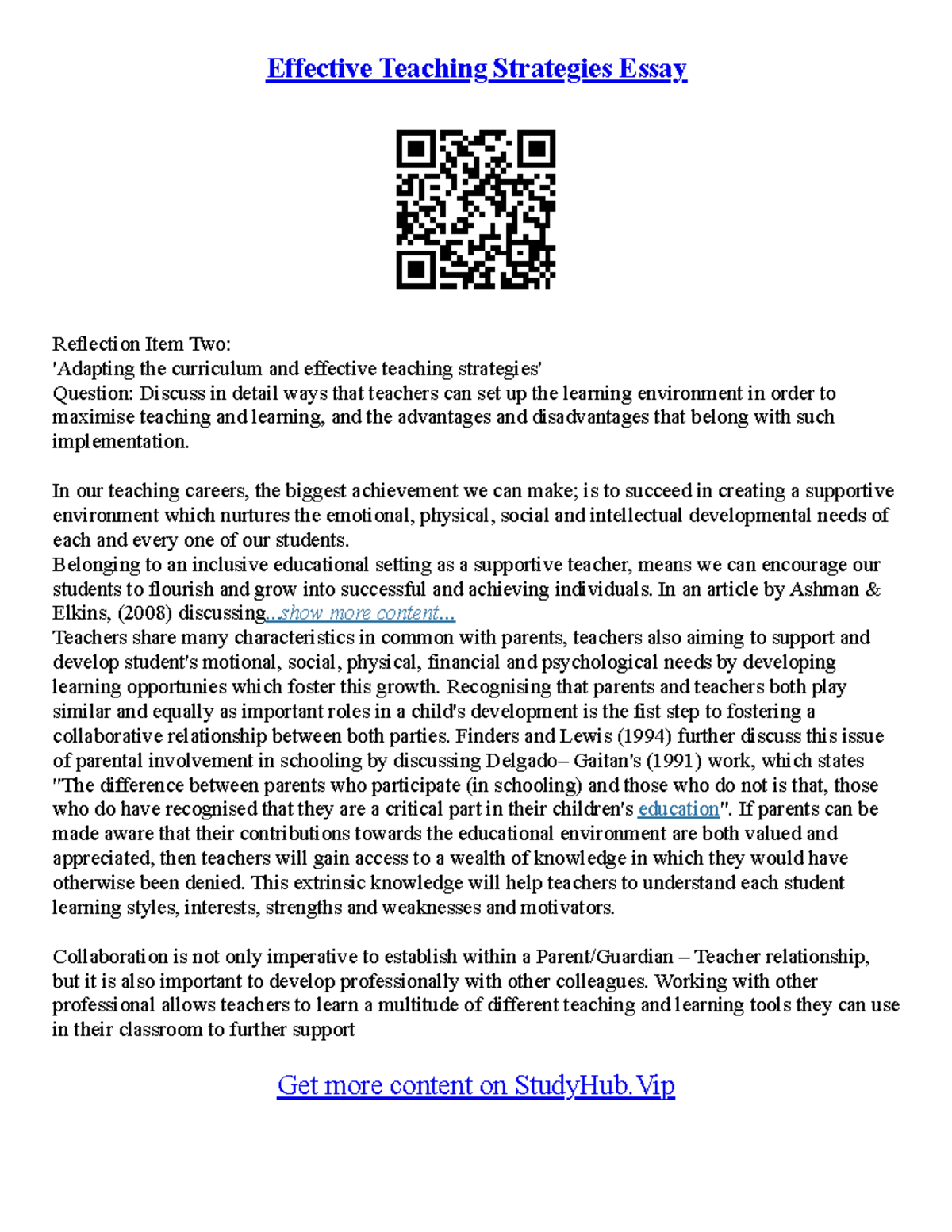 Essays For Teachers - Effective Teaching Strategies Essay Reflection ...