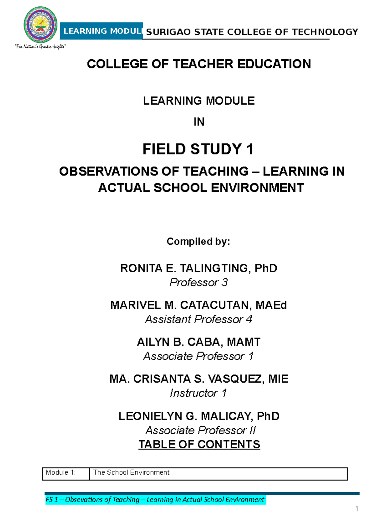 FS 1 Module Final - Lecture - COLLEGE OF TEACHER EDUCATION LEARNING MODULE IN FIELD STUDY 1 ...