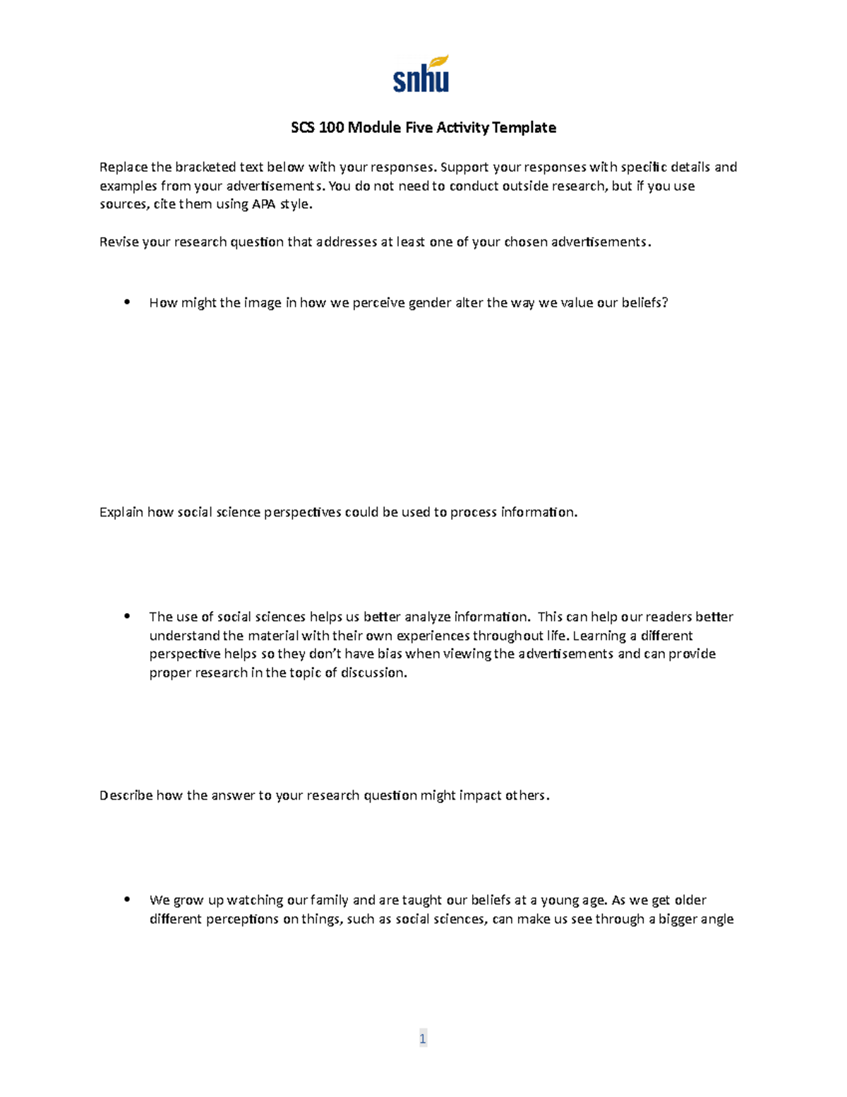 SCS 100 Module Five Activity - Support your responses with specific ...