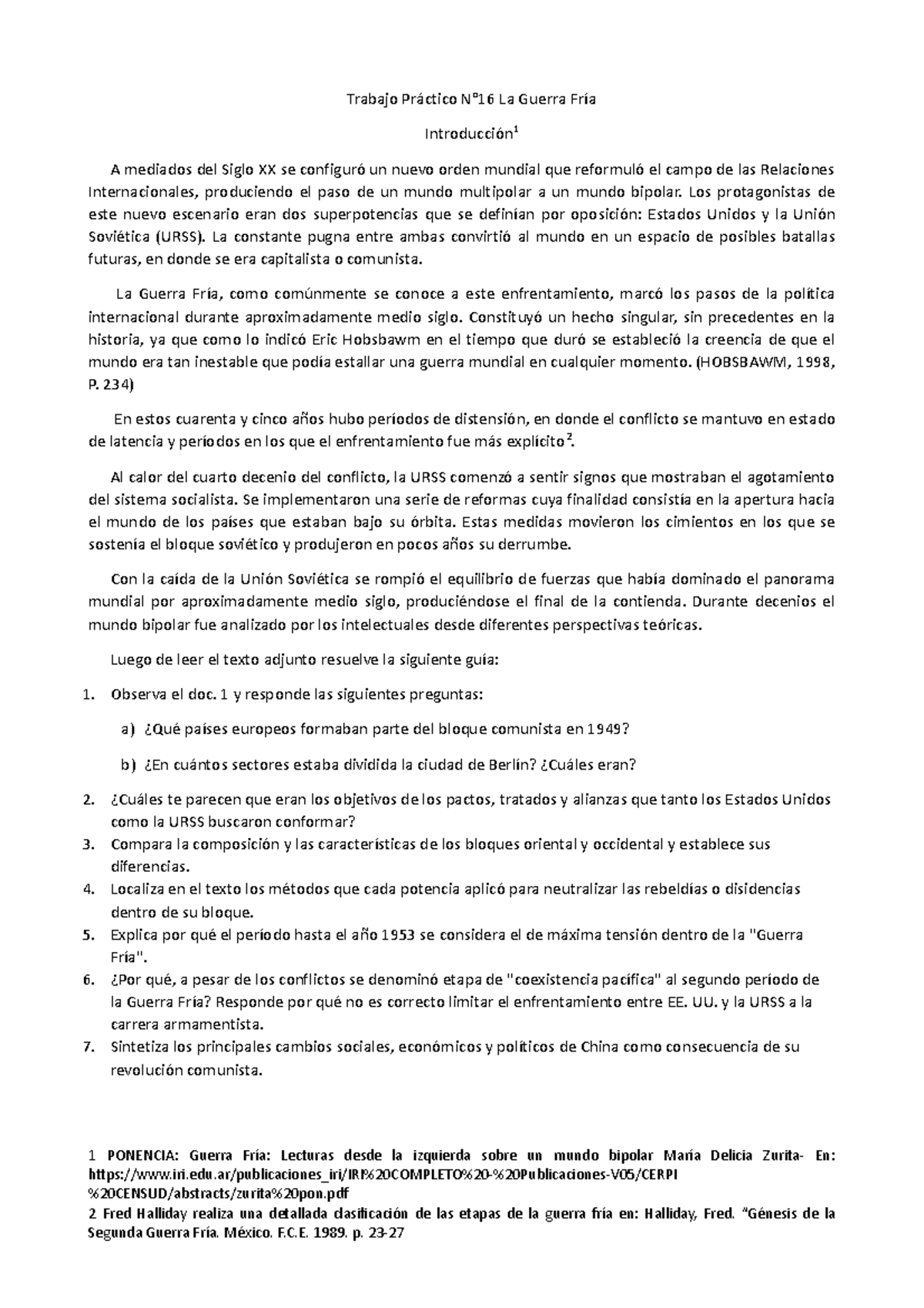 Trabajo Práctico N°16 La Guerra Fría - Trabajo Práctico N°16 La Guerra ...