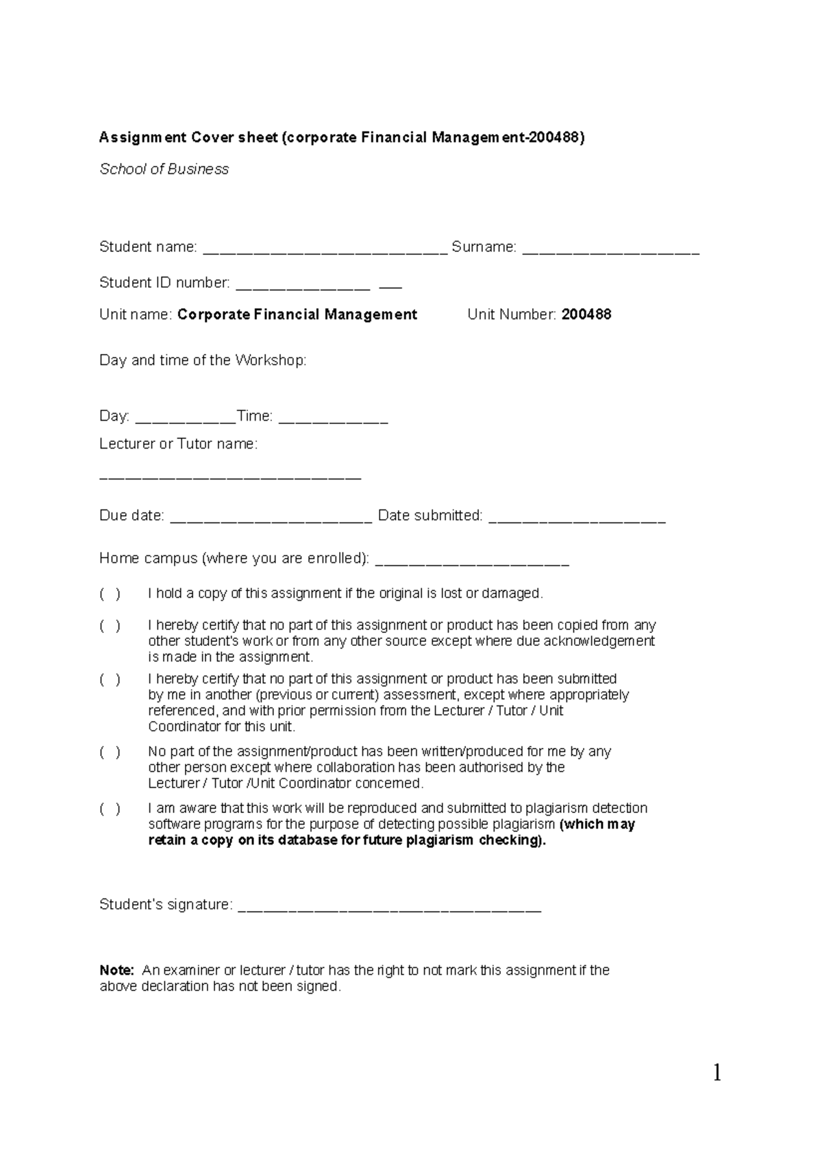 Format of the Assignment - Assignment Cover sheet (corporate Financial ...