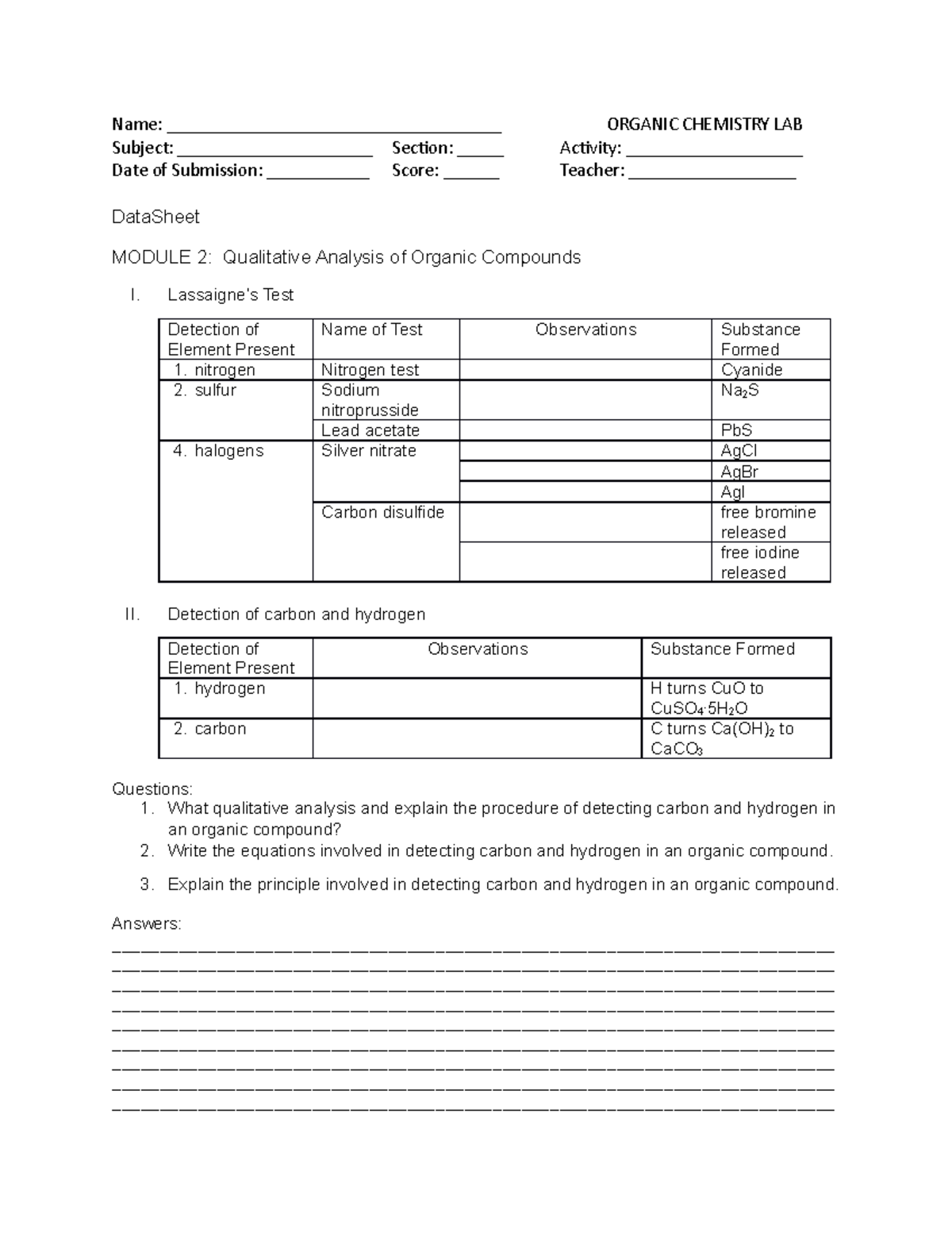 Module 2 Datasheet Org Chem - Name ...