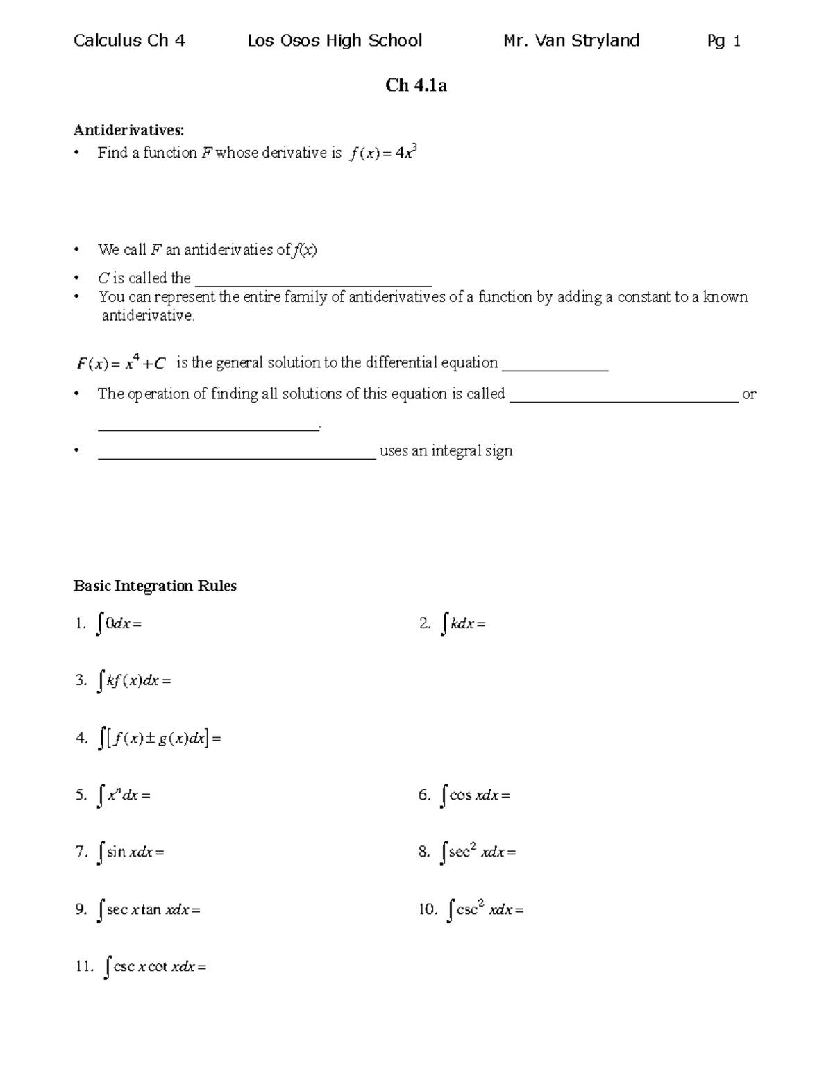 Calc Ch 4 Note taking guide - Ch 4 Antiderivatives: Find a function F whose derivative is 3 f x ...