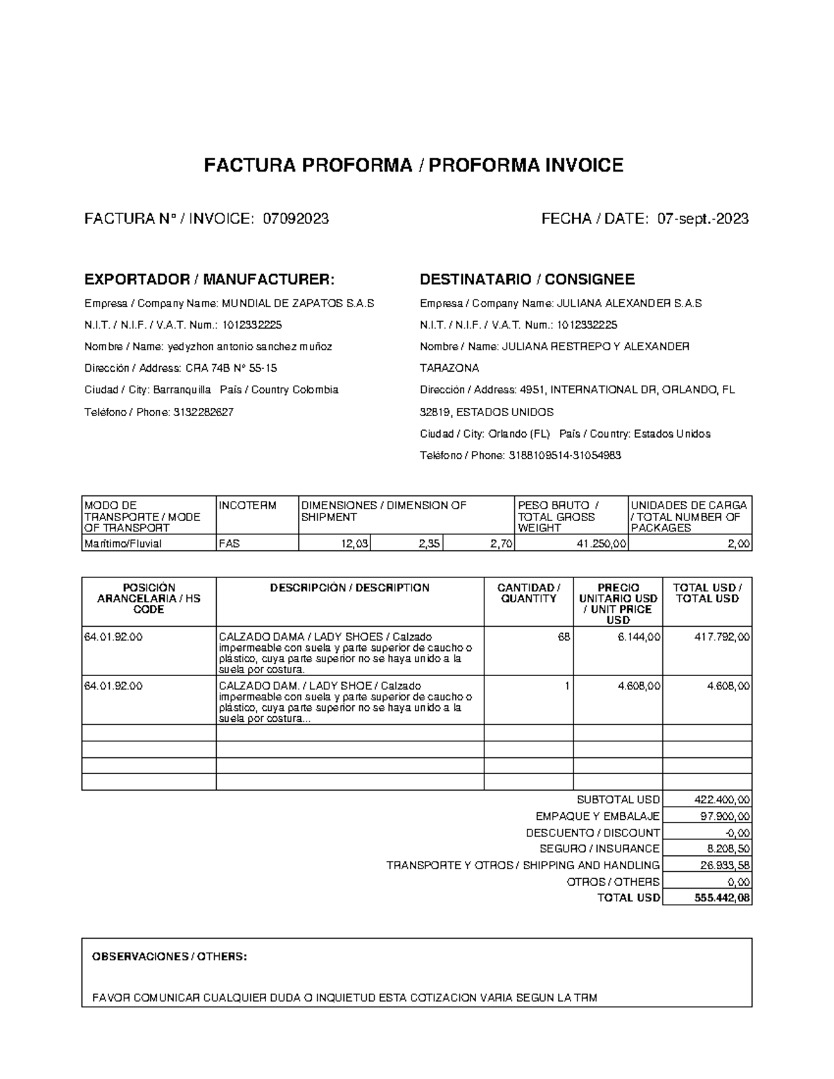 Cotizacion FAS - incoterms - FACTURA PROFORMA / PROFORMA INVOICE ...