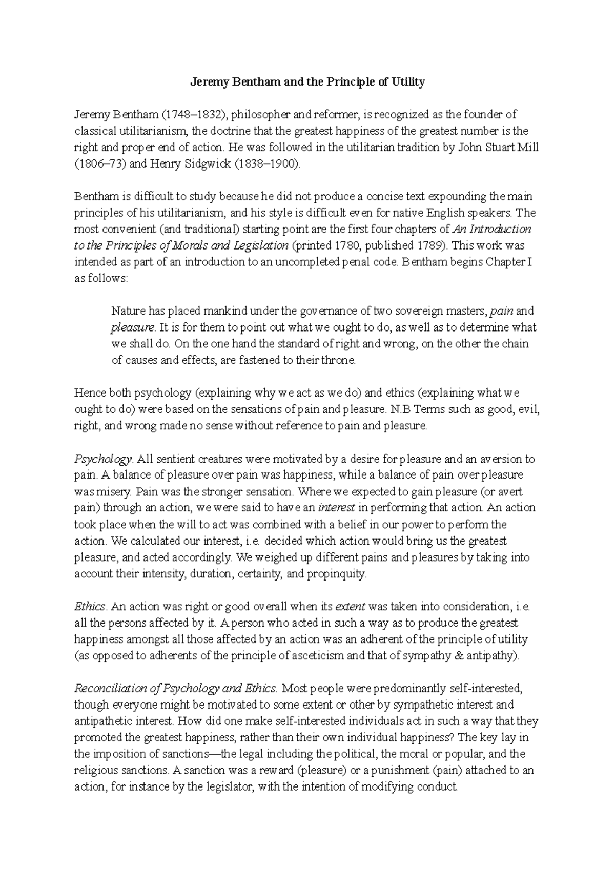 Crib for Principle of Utility - Jeremy Bentham - Jeremy Bentham and the ...