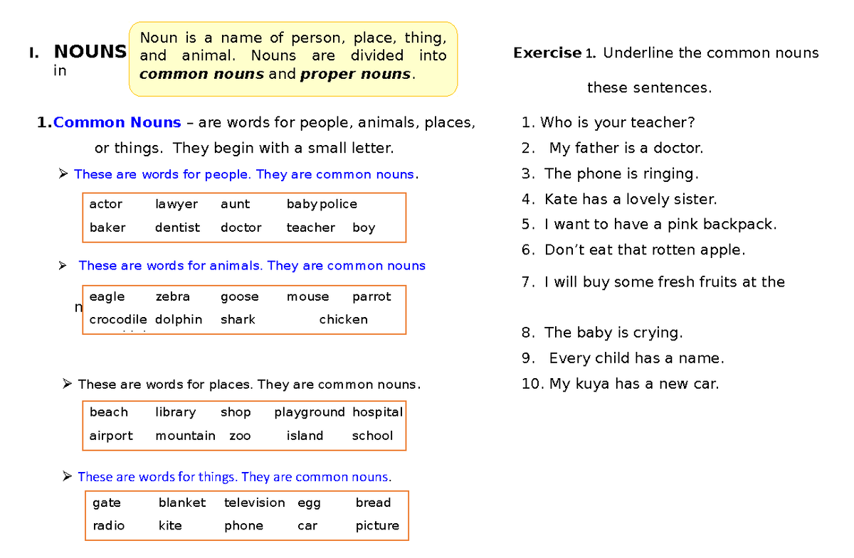 1. Nouns - report - I. NOUNS Exercise 1. Underline the common nouns in ...