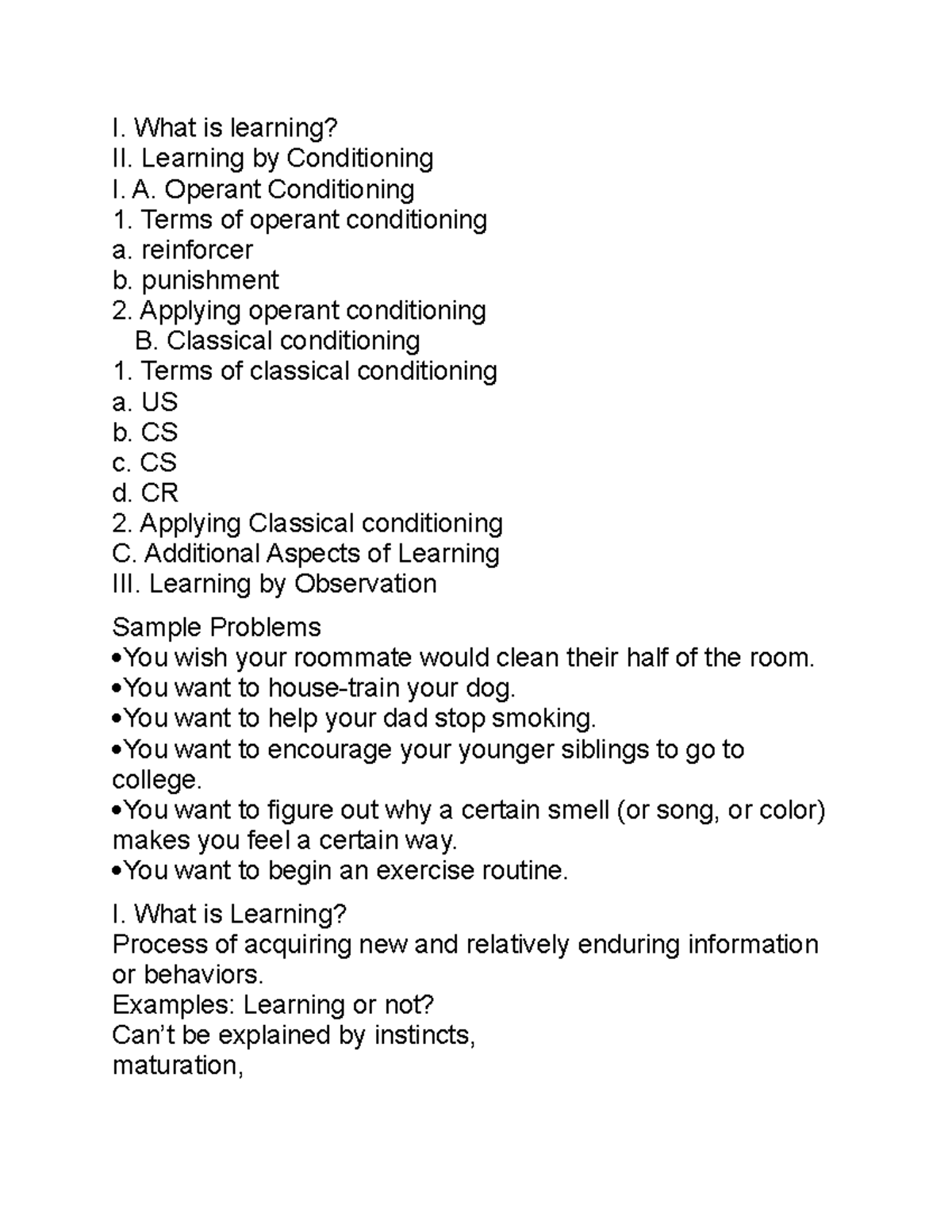 Psych 16 - Practice materials with notes - I. What is learning? II ...