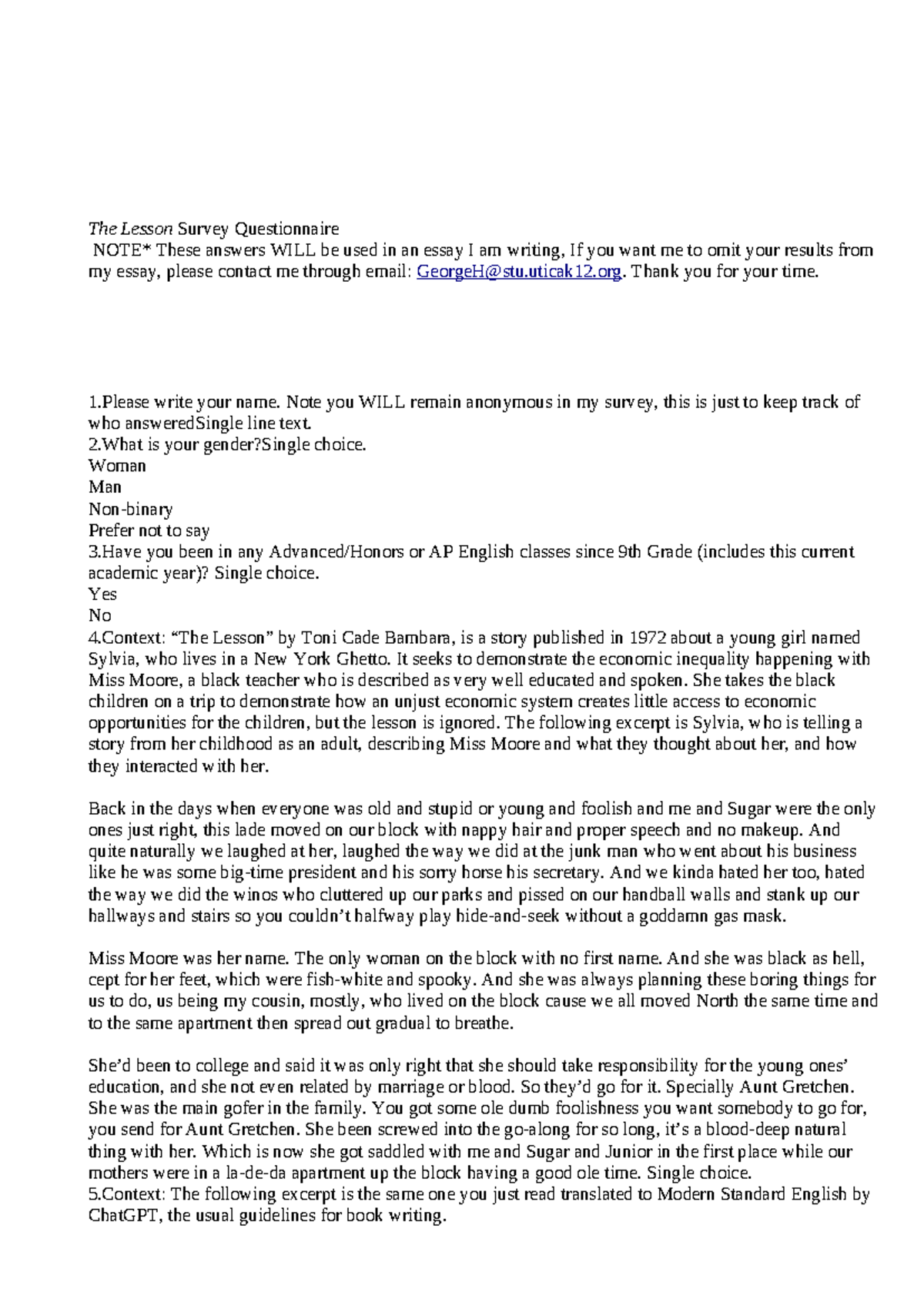 The Lesson Survey Questionnaire - uticak12. Thank you for your time. 1 ...