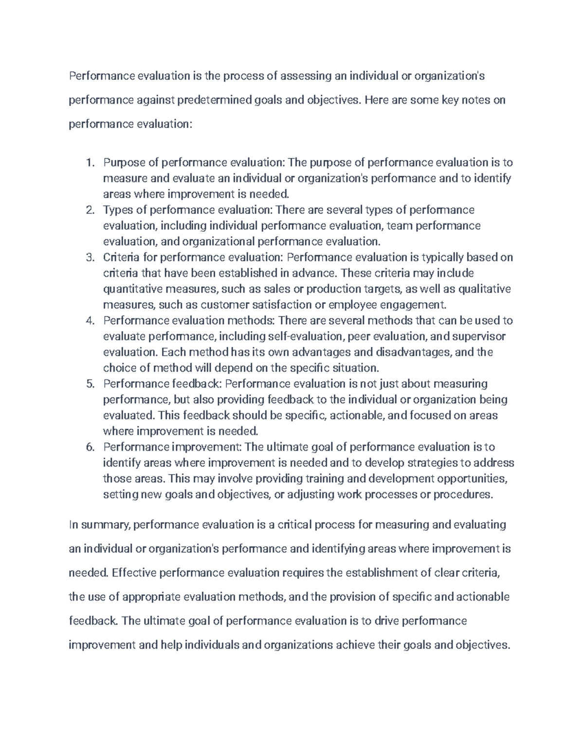 Perfomance evaluation notes - Performance evaluation is the process of ...