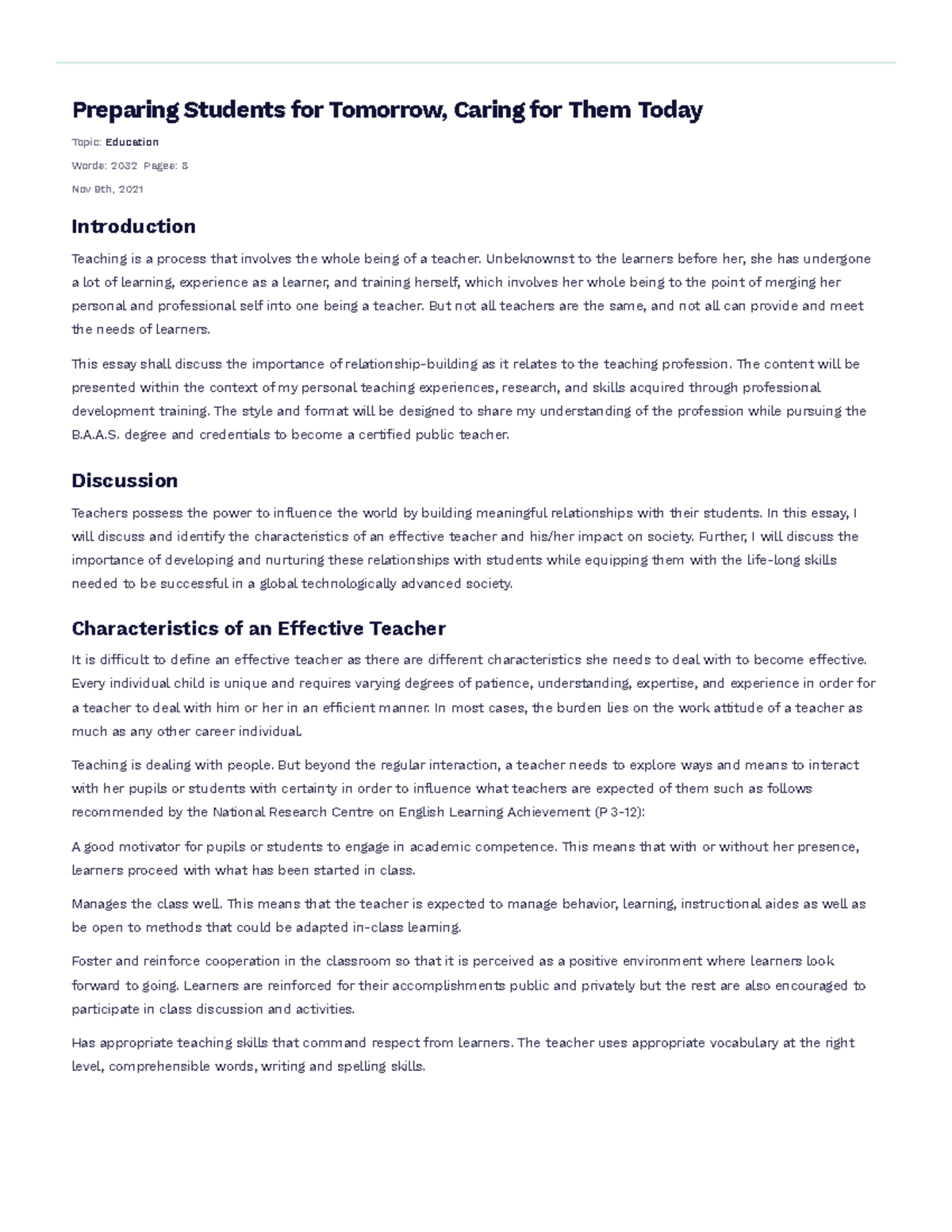 Preparing Students for Tomorrow, Caring for Them Today Free Essay ...