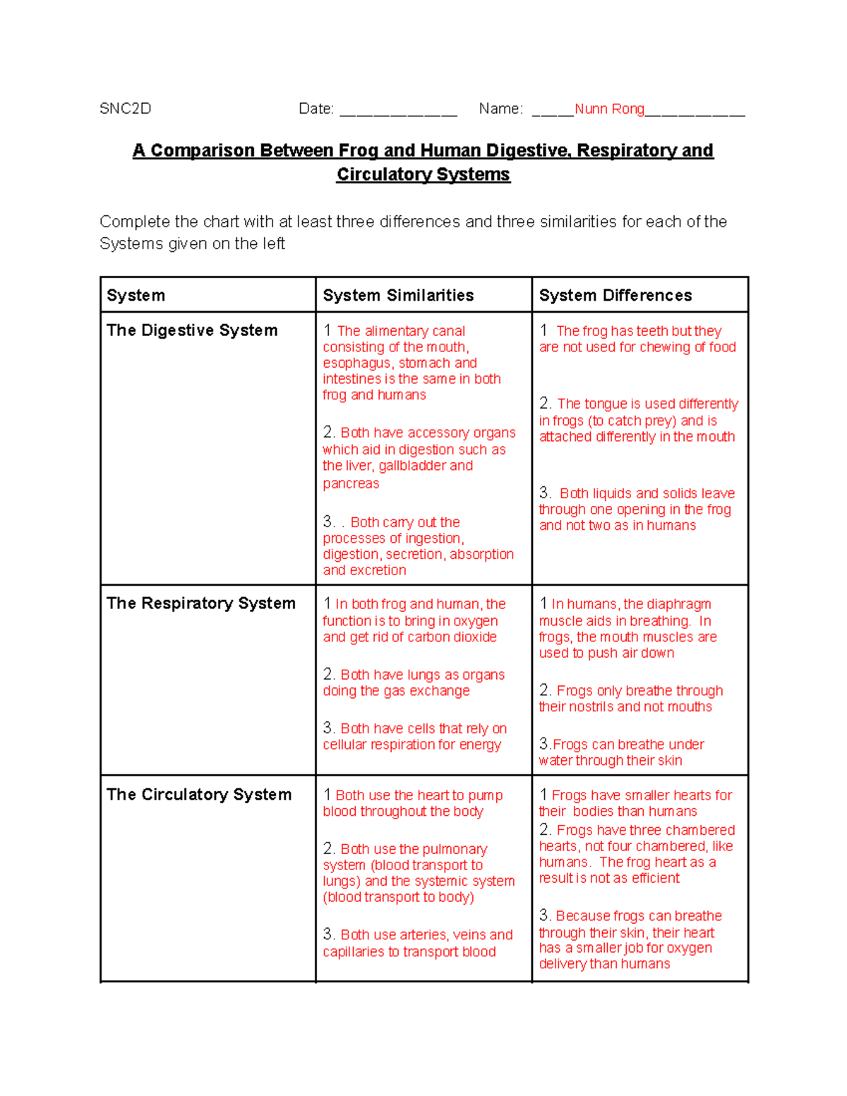 Answers to Worksheet- A comparison of Frog and Human Systems - SNC2D ...