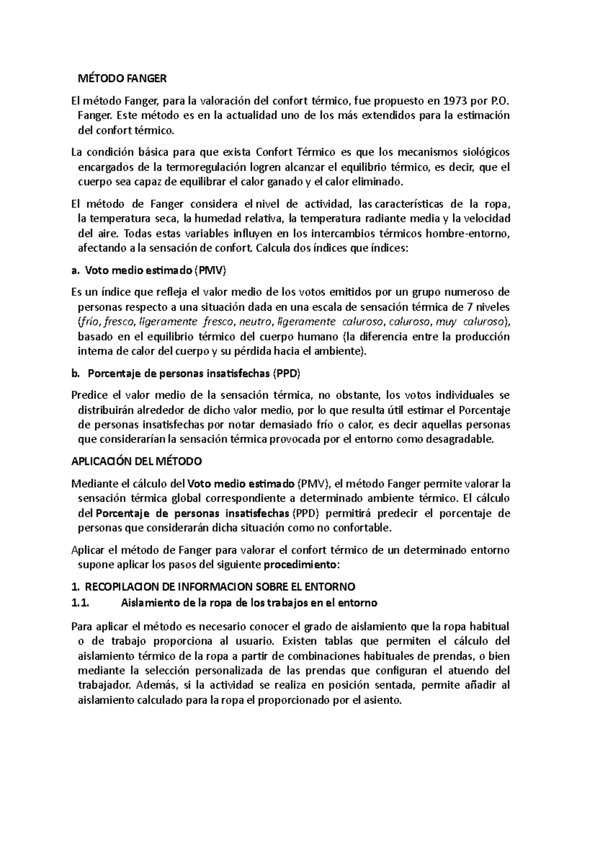 Metodo Fanger - MÉTODO FANGER El método Fanger, para la valoración del ...