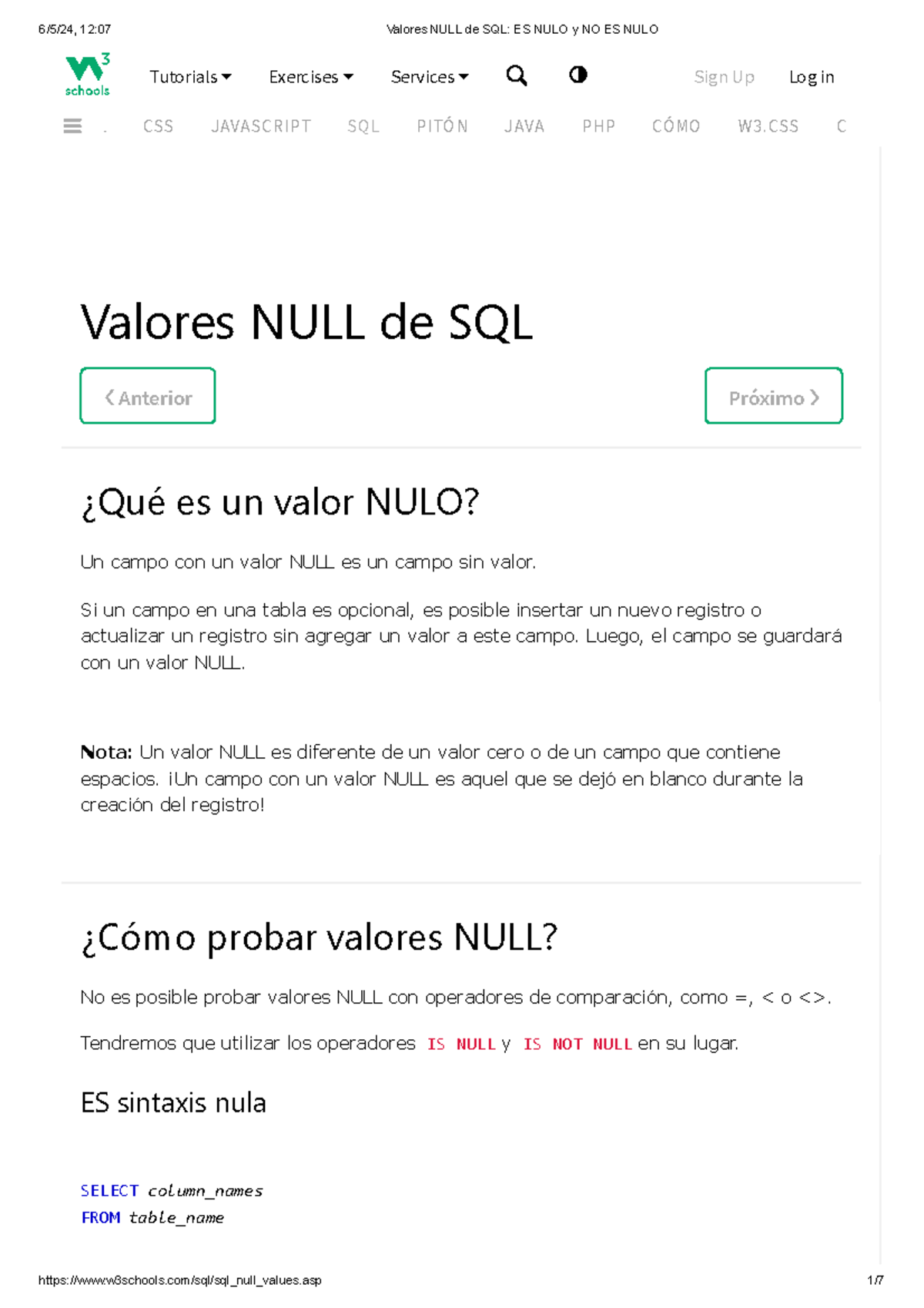 hhhdssfgbefghetgfh - Anterior Próximo Valores NULL de SQL ¿Qué es un valor NULO? Un campo con un ...