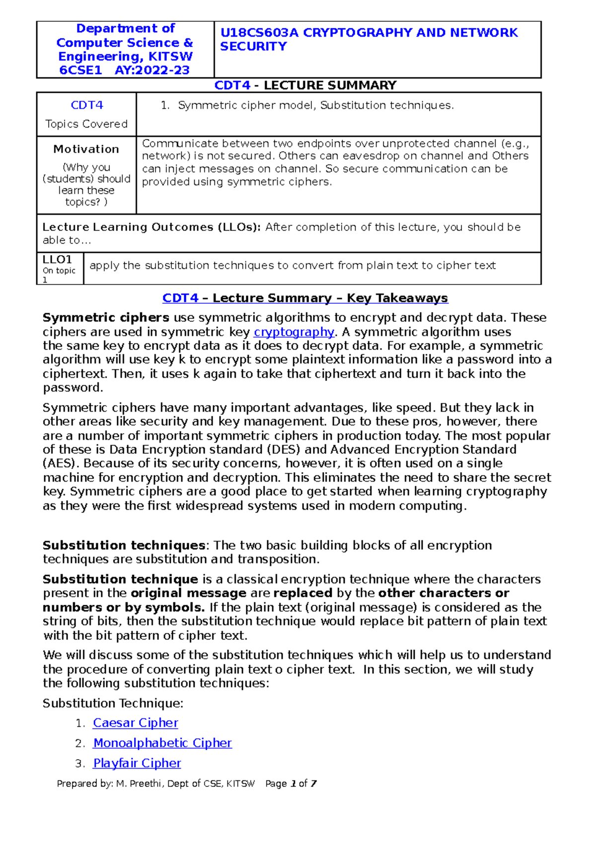 CNS CDT4 Summary 6CSE 2022-23 - Computer Science & Engineering, KITSW 6CSE1 AY:2022- U18CS603A ...